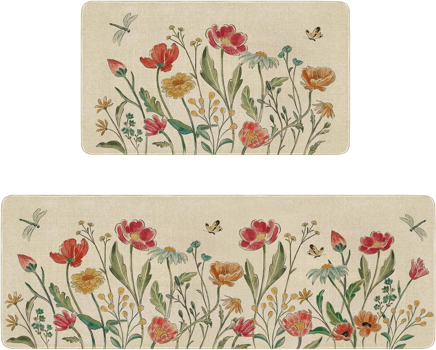 Yelllow Pink Floral Kitchen Rugs Set of 2,Flowers Butterfly Kitchen ...