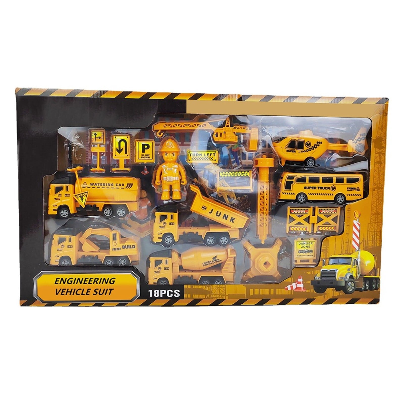 Yellow 18 Piece Construction Vehicle Set Engineering Toy Playset With ...