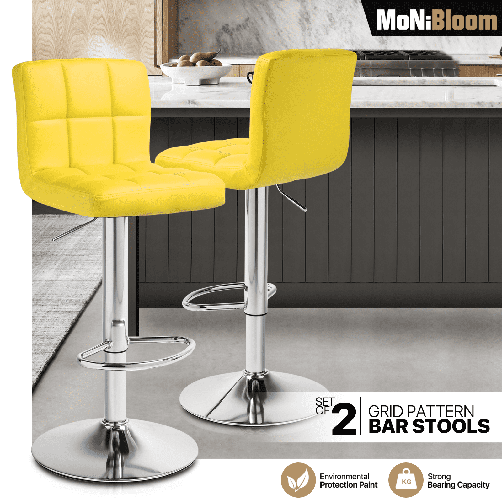 Yellow 2x Counter Height Bar Stools PU Leather Pub Seat Adjustable ...