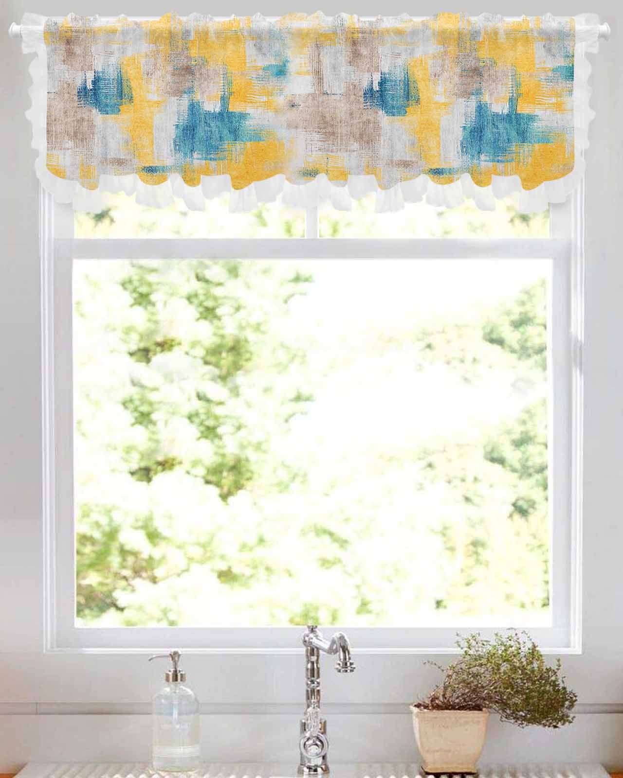 Yellow Abstract Modernist Oil Painting Style Tulle Half Curtains for ...