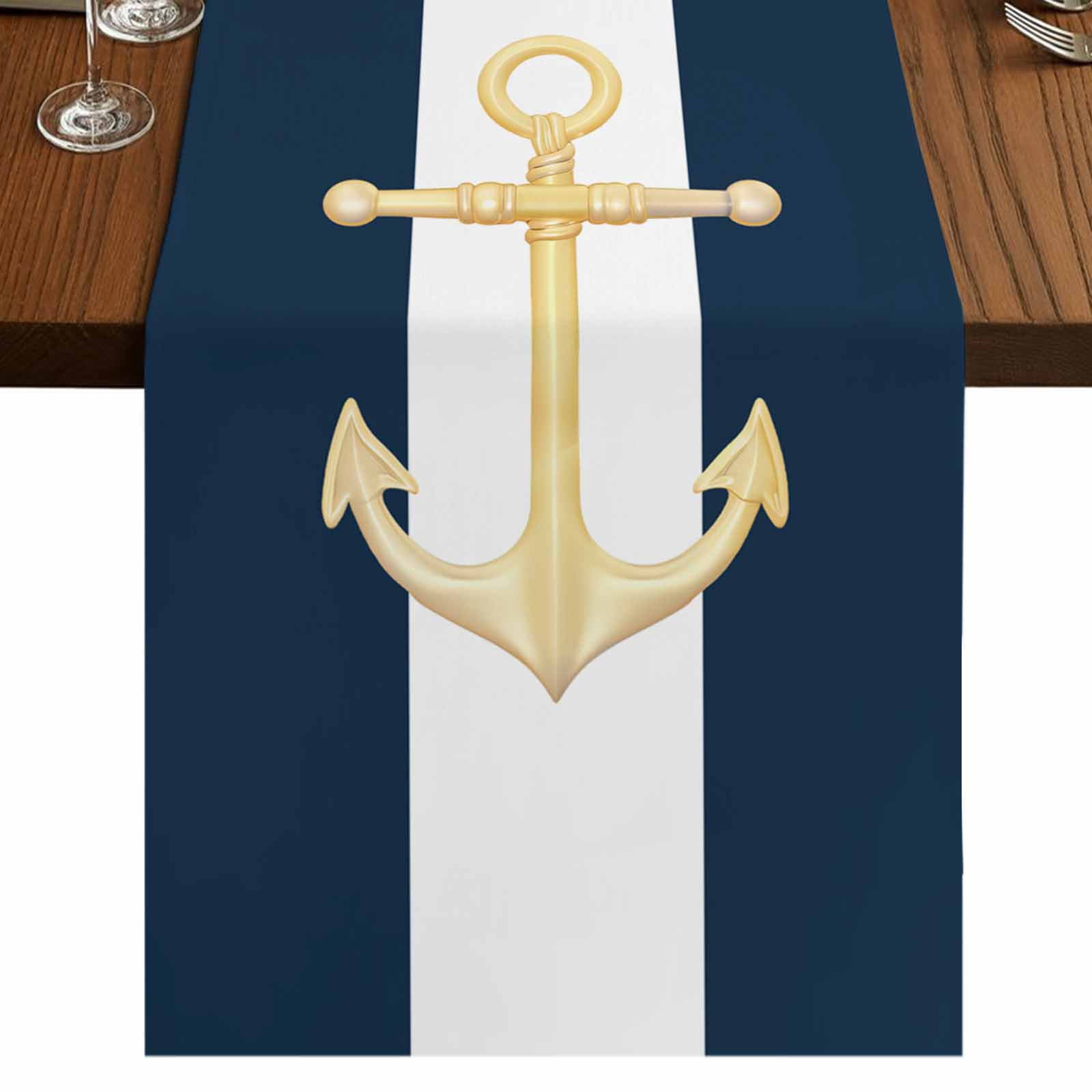 Yellow Anchor Nautical Table Runner 72 Inches Long, Navy Blue White ...