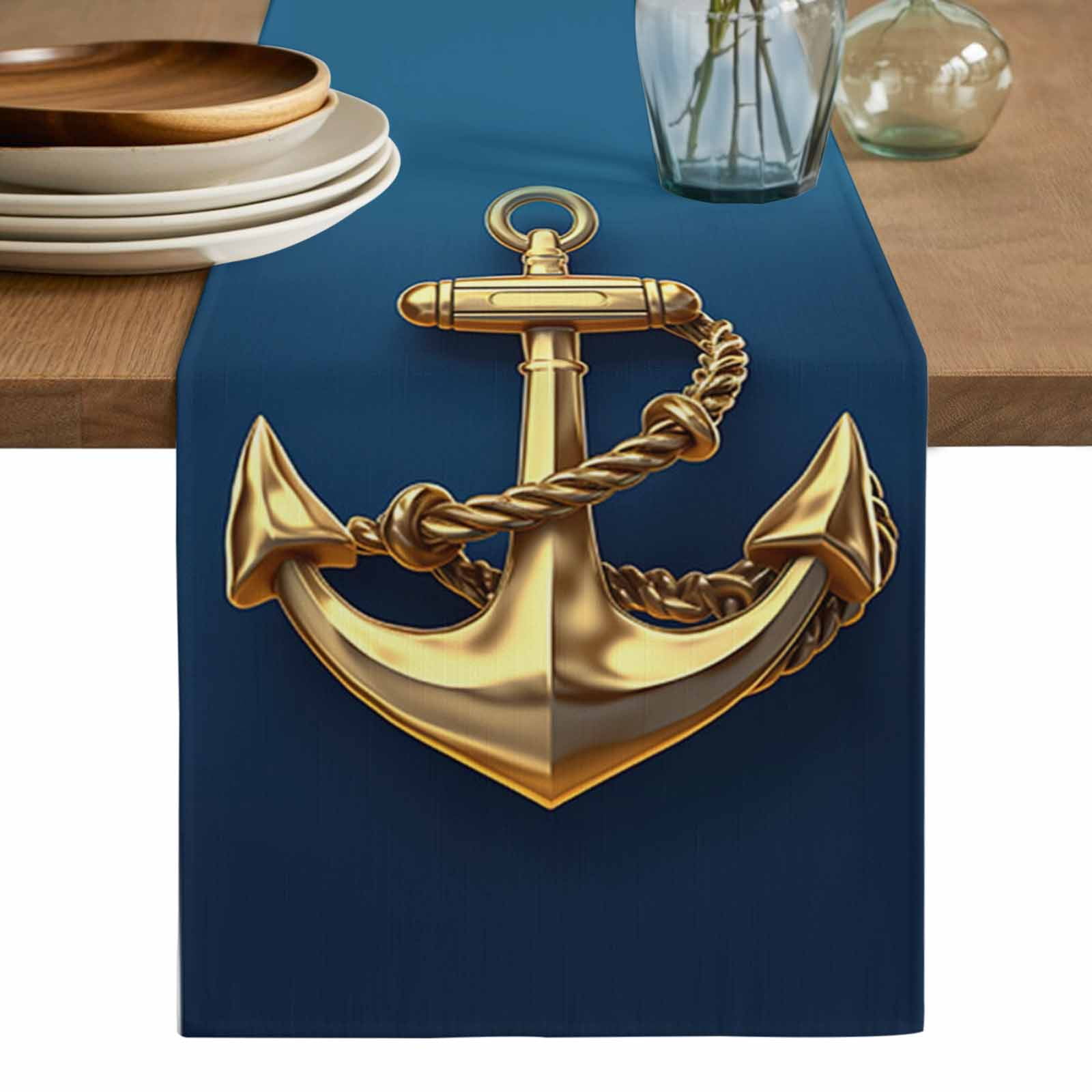 Yellow Anchor Table Runner, Coastal Nautical Anchor Navy Blue Washable ...