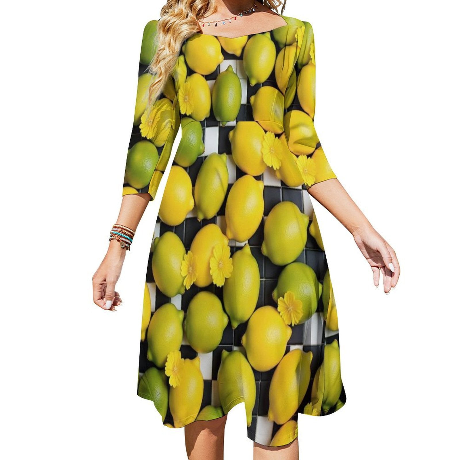 Yellow And Green Lemon Pattern Womens Summer Dress Tie Back A Line ...