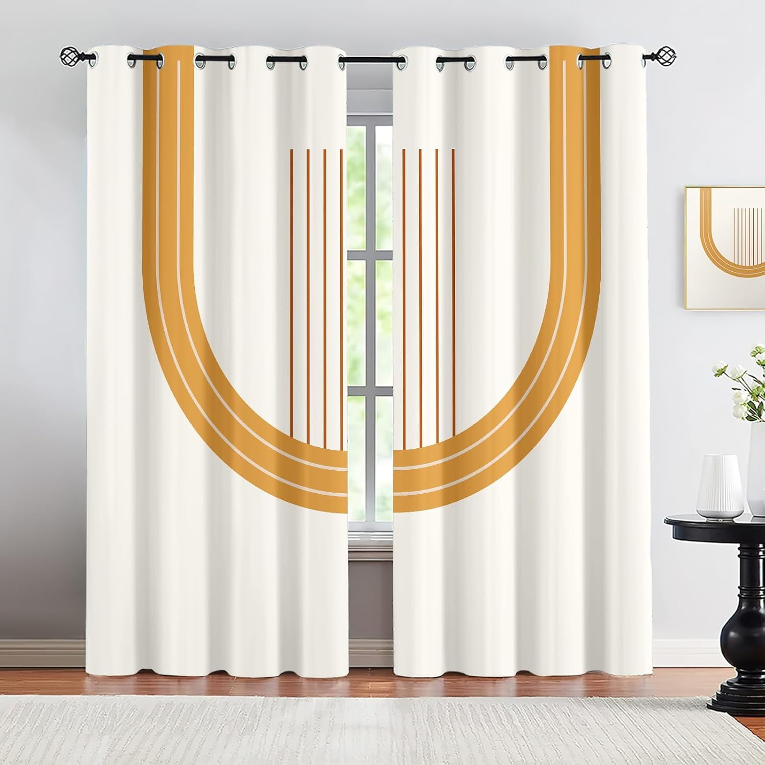 Yellow Arched Geometry 3D Print Insulated Window Curtains, Mid-Century ...