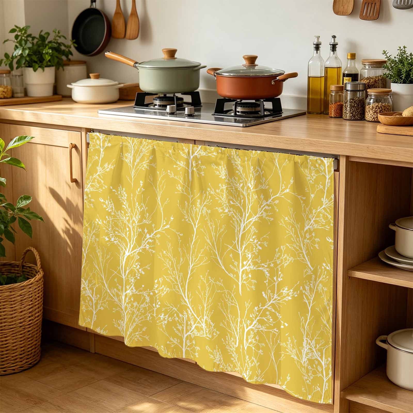 Yellow Art Cabinet Curtains for Kitchen 35"W x 35"L, White Tree Branch ...