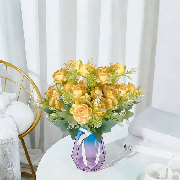 Yellow Artificial Rose Bouquet 34cm - Realistic Plastic Faux Roses for ...