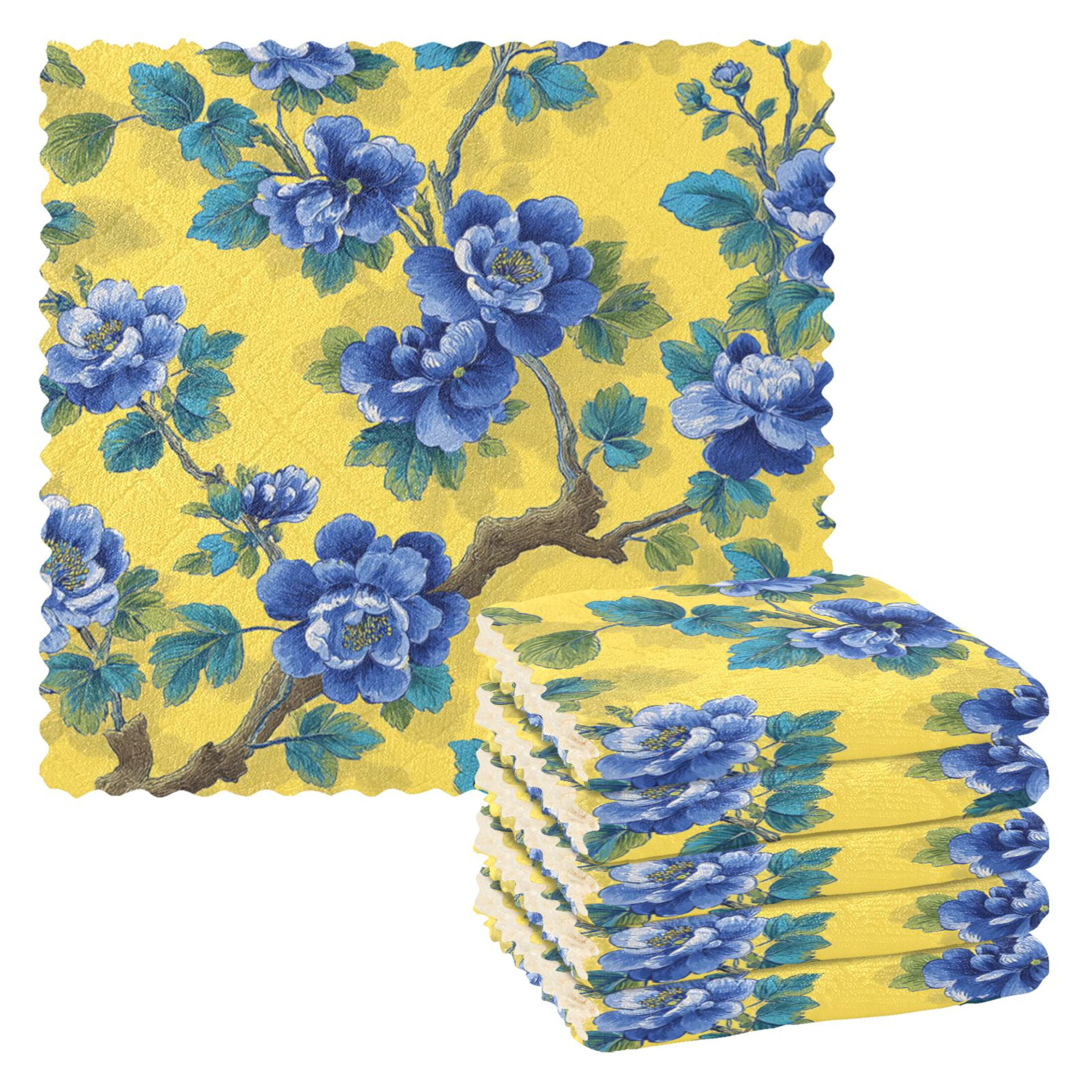 Yellow Background Blue Floral Dish Cloths Dish Towels Cleaning Cloths ...