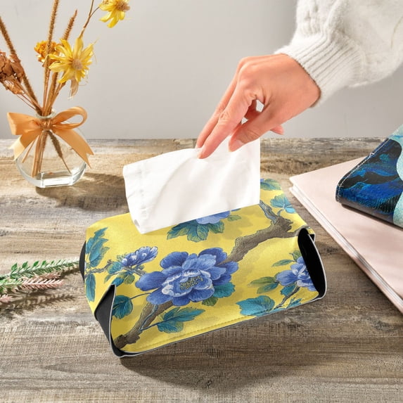 Yellow Background Blue Floral Leather Tissue Box Cover Rectangle Tissue ...