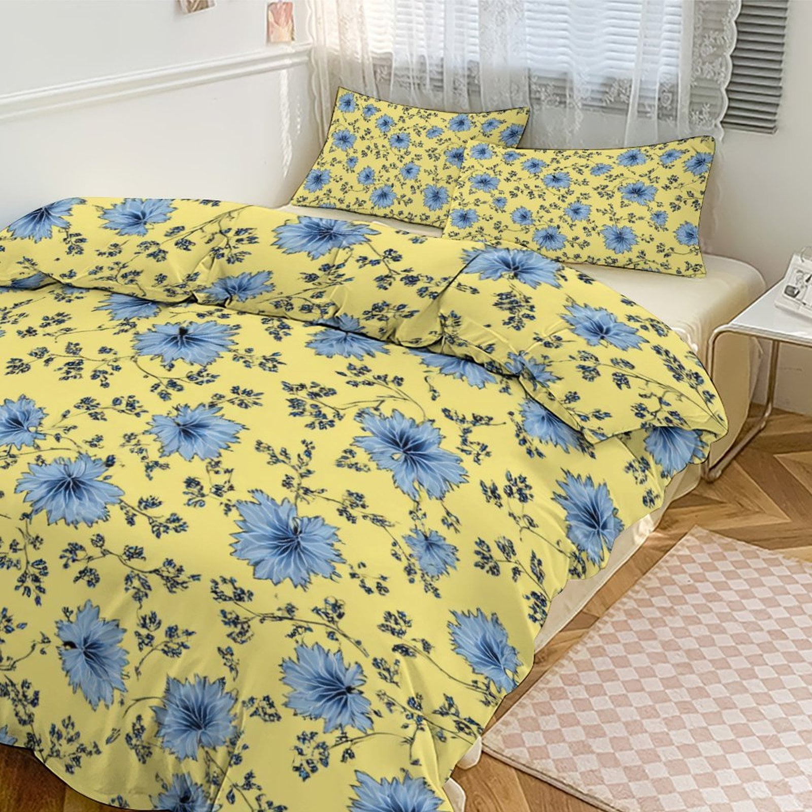 Yellow Background Blue Floral Pattern Bedding Sets Twin Duvet Cover 3 ...
