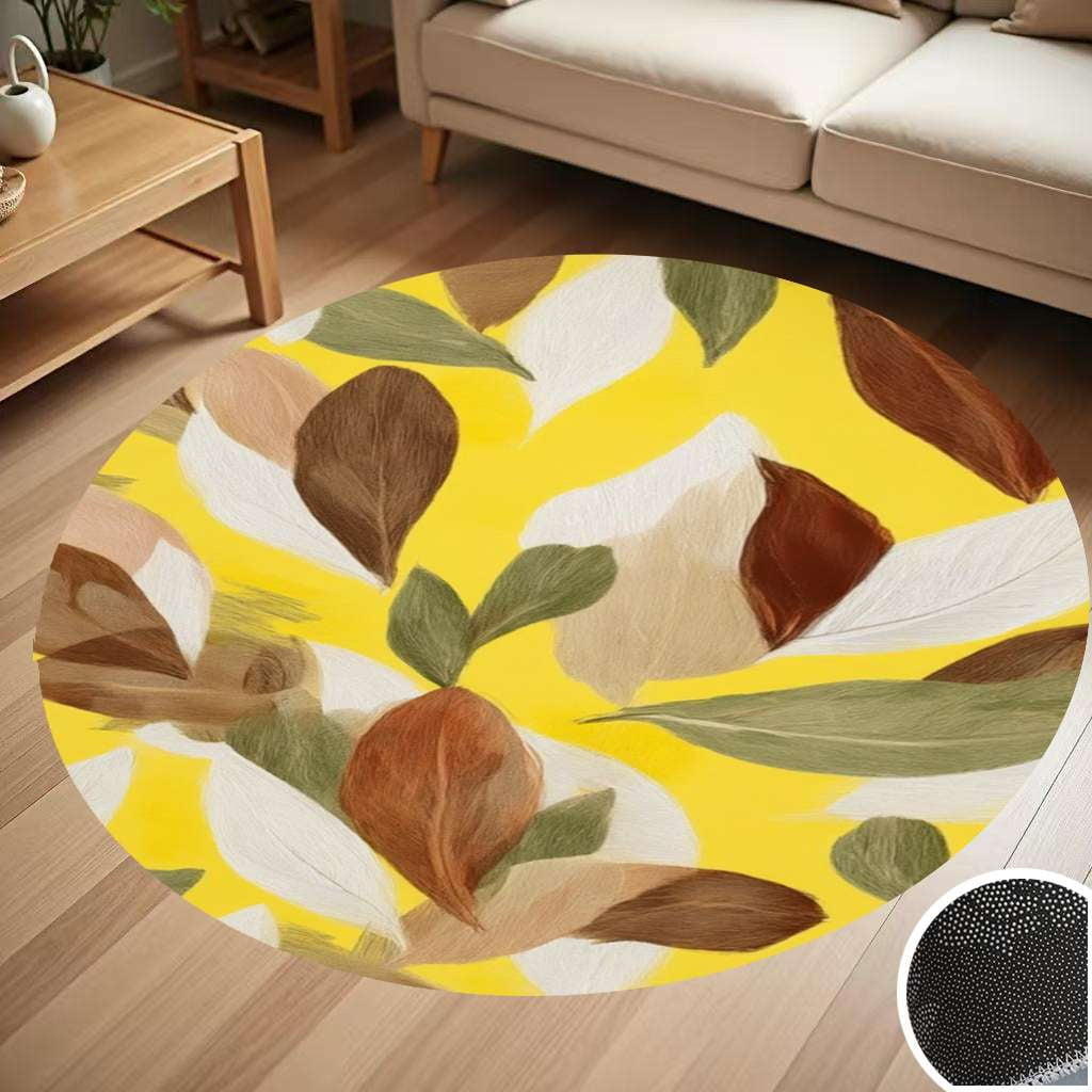 Yellow Background Leaf Pattern Art Round Carpet Living Room Bedroom ...