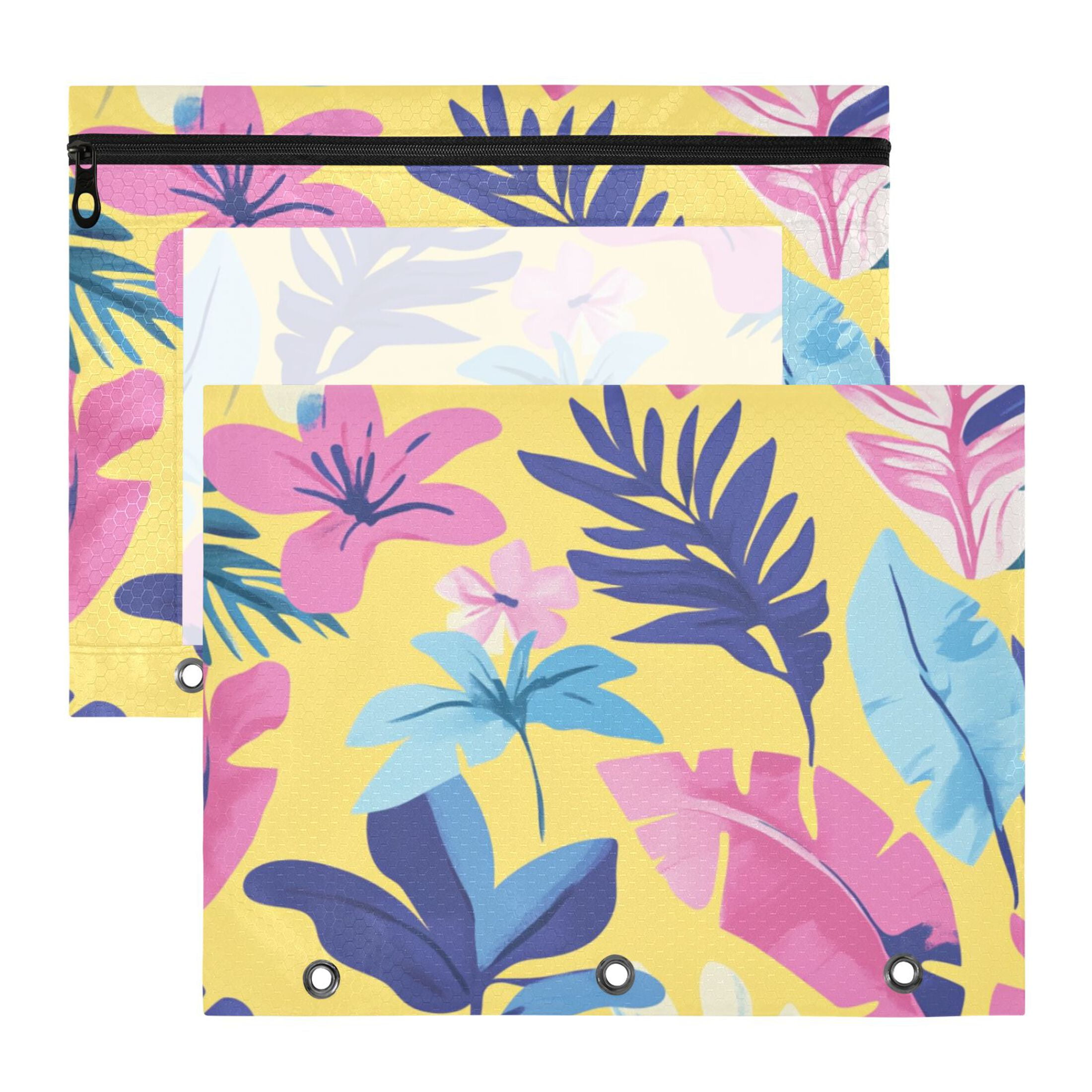 Yellow Background Pinkish Flowers Leaves 3-Ring Binder Pouches A4 Size Zipper Pocket File ...