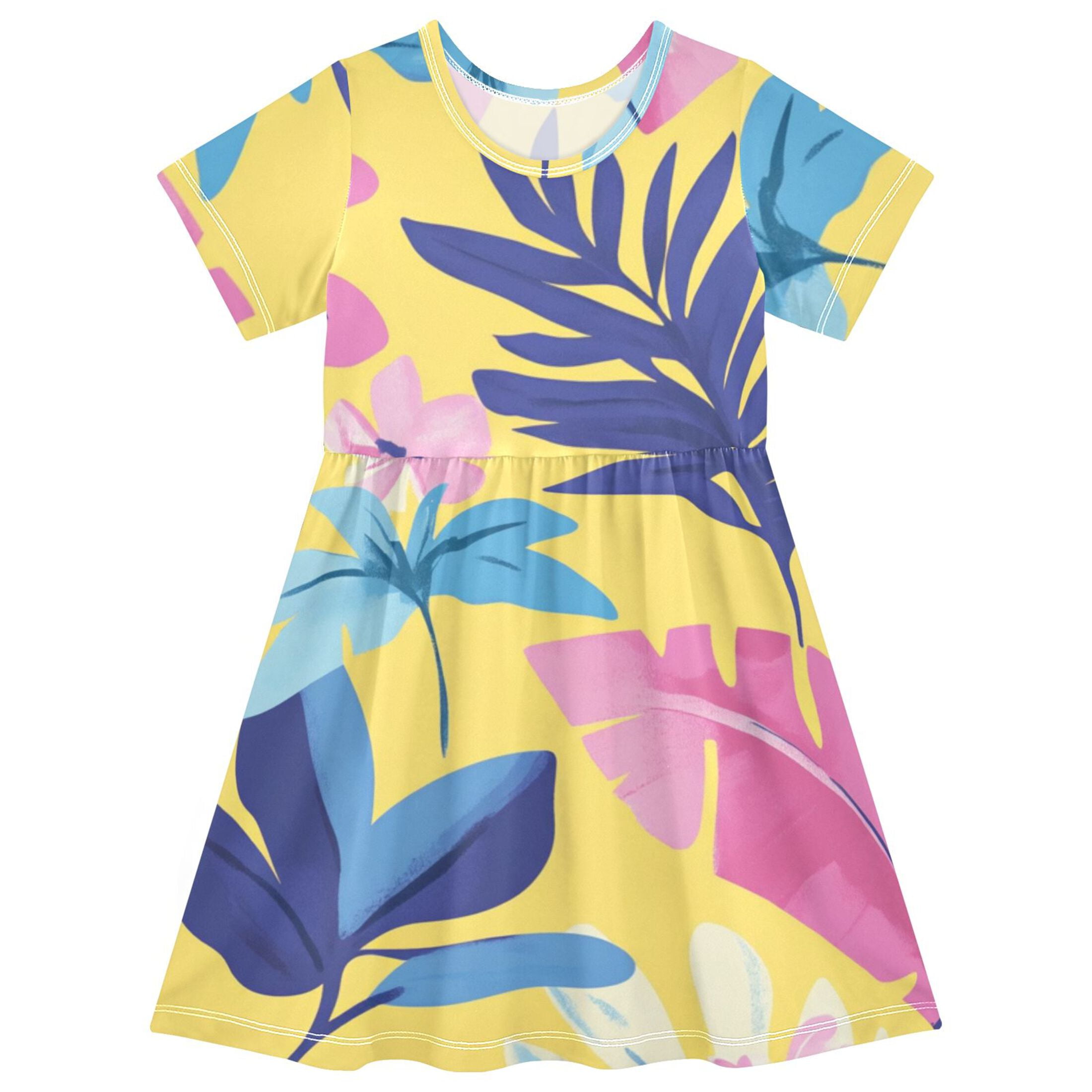 Yellow Background Pinkish Flowers Leaves Girls' Short Sleeve Dress A-Line One-Piece Dress UPF 50 ...