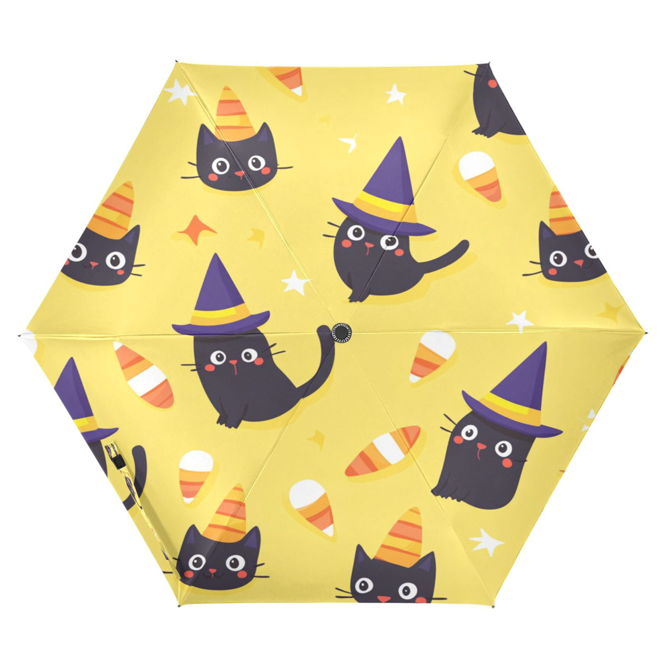 Yellow Background with Black Cat Folding Umbrella UV50+ Waterproof Sun Protection Auto Open ...