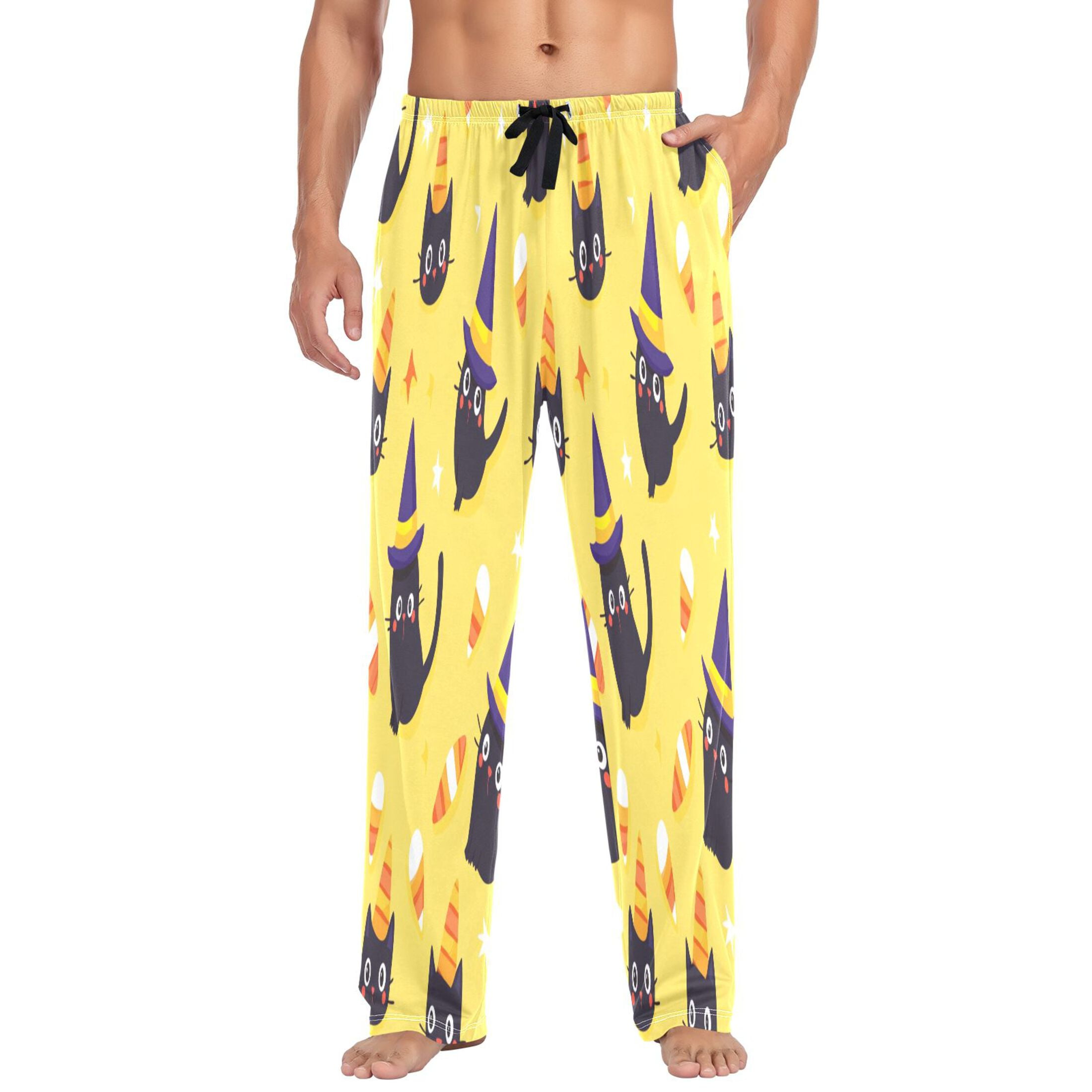 Yellow Background with Black Cat Mens Cotton Pajama Pants Long Staple ...