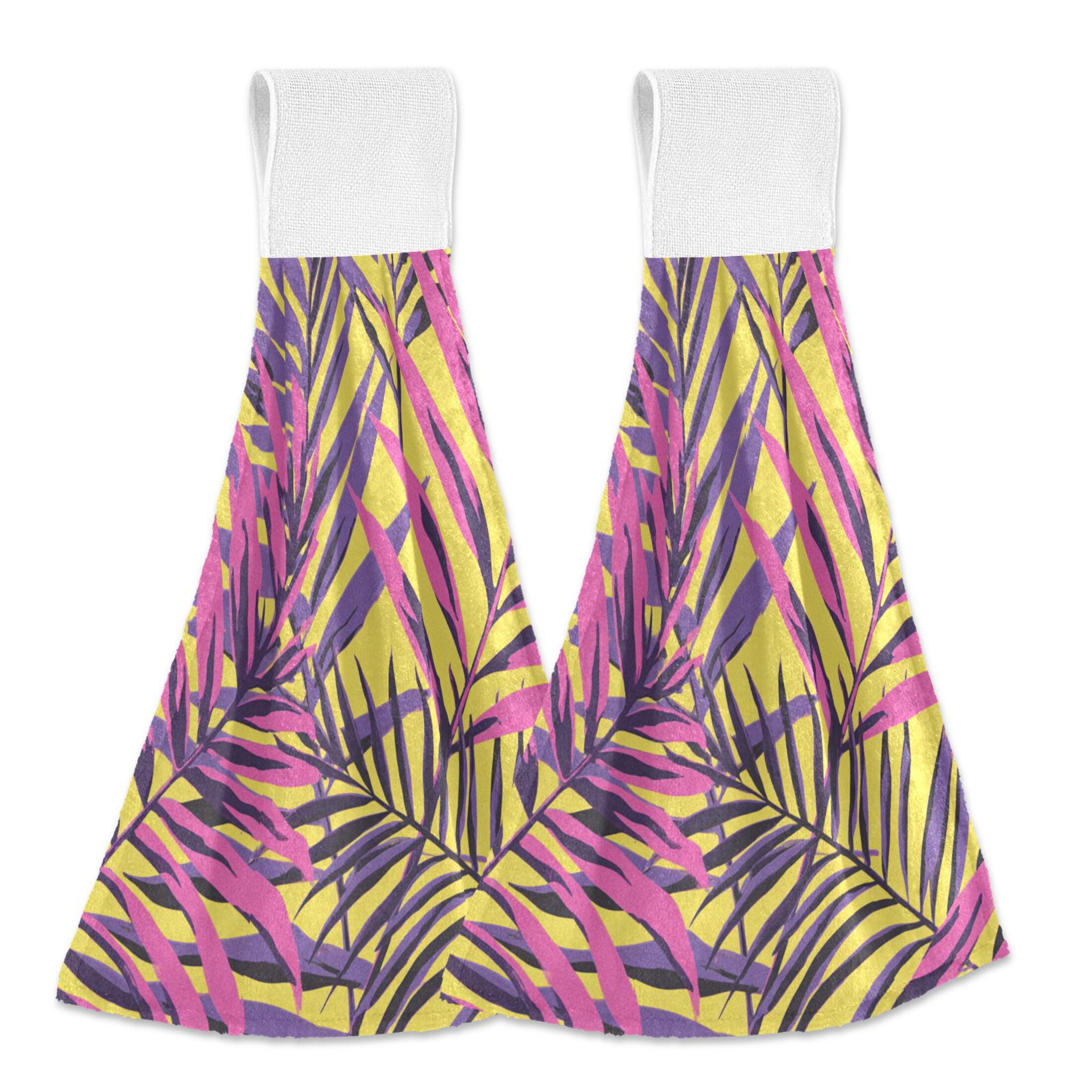 Yellow Background with Purple Palm Leaves Hanging Towels with Loop Hand ...