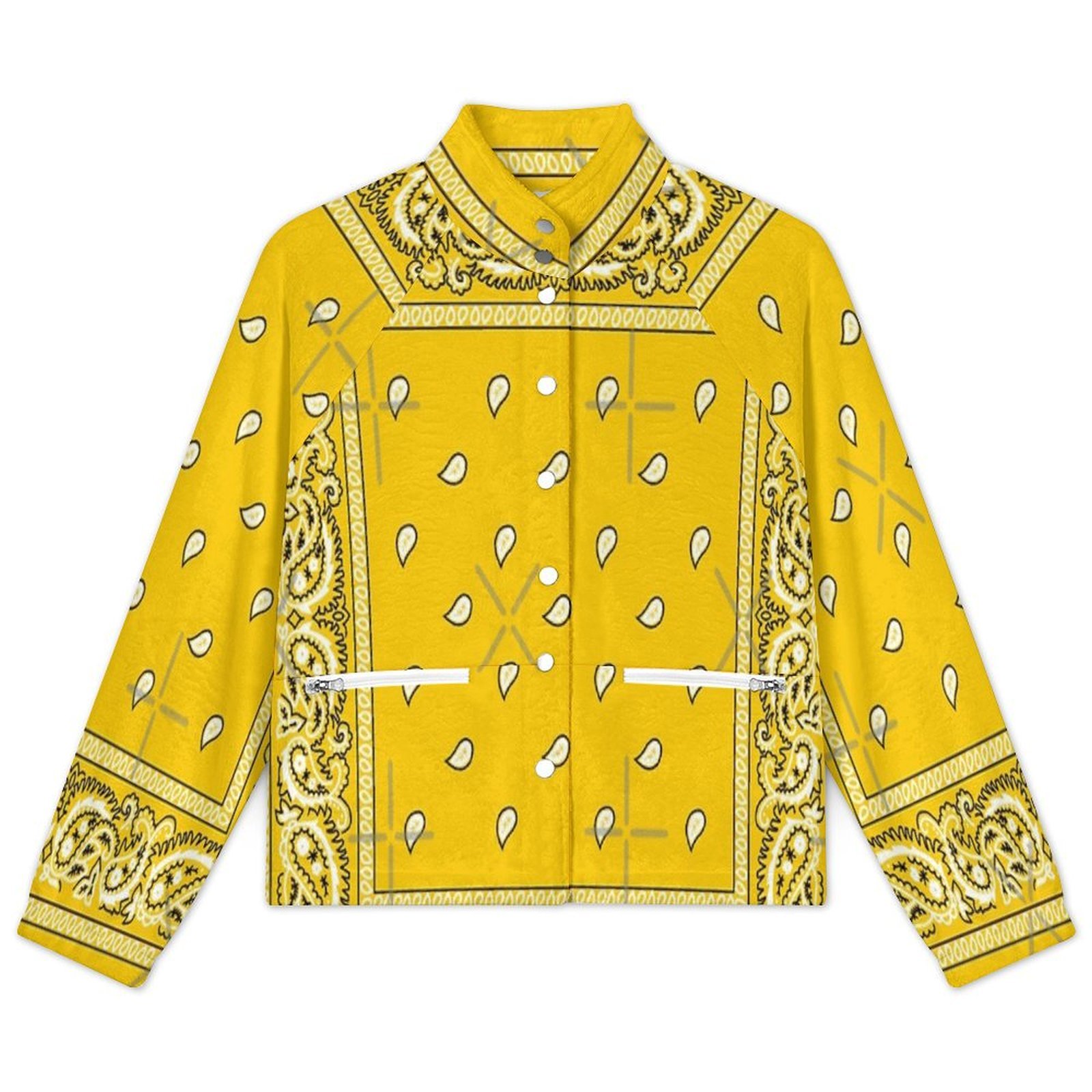 Yellow Bandana Paisley Design Warm Women's Plush Jacket Stand Collar ...