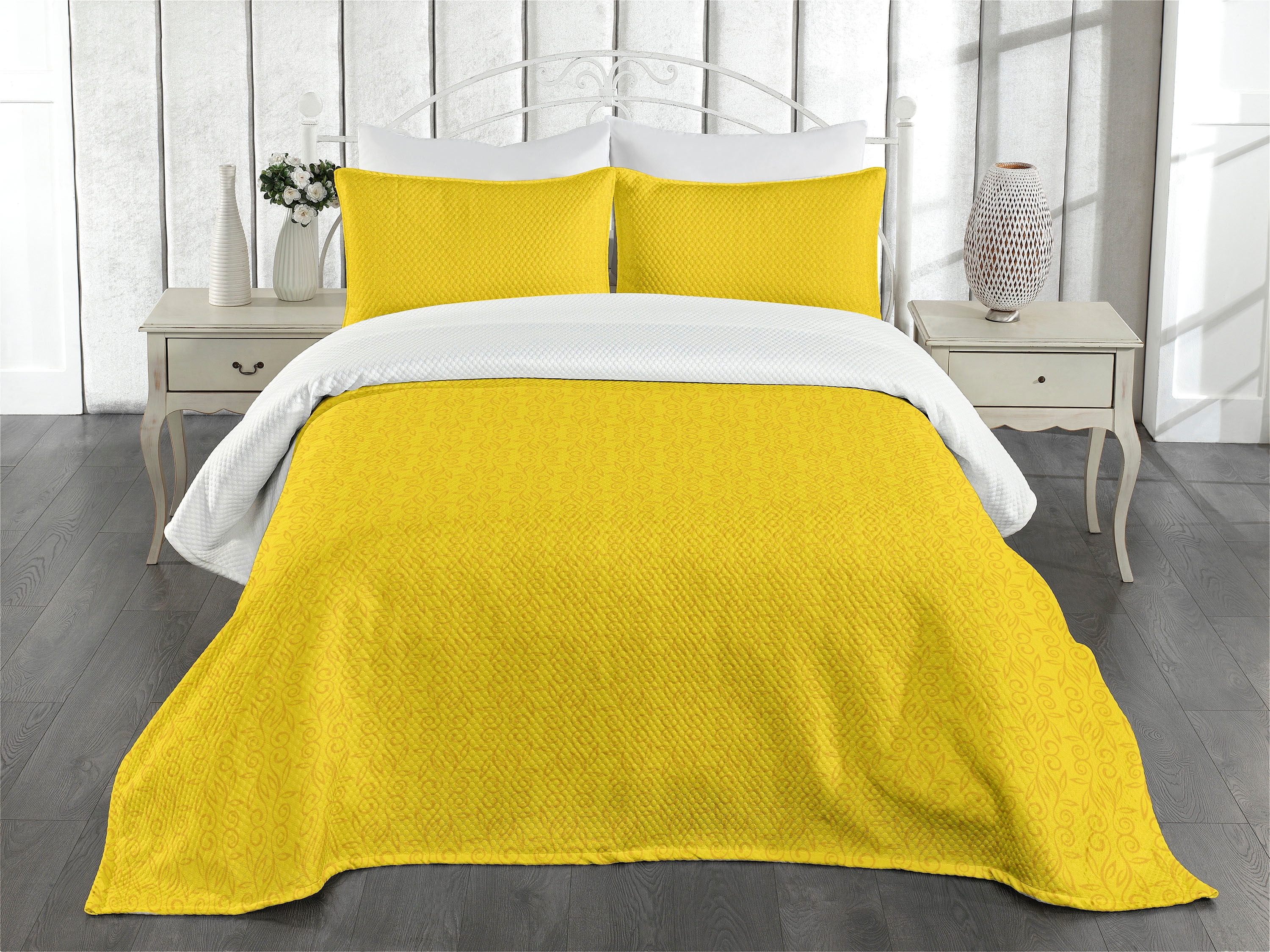 Yellow Bedspread Set King Size, Modern Leaf Branch with Abstract Ivy ...