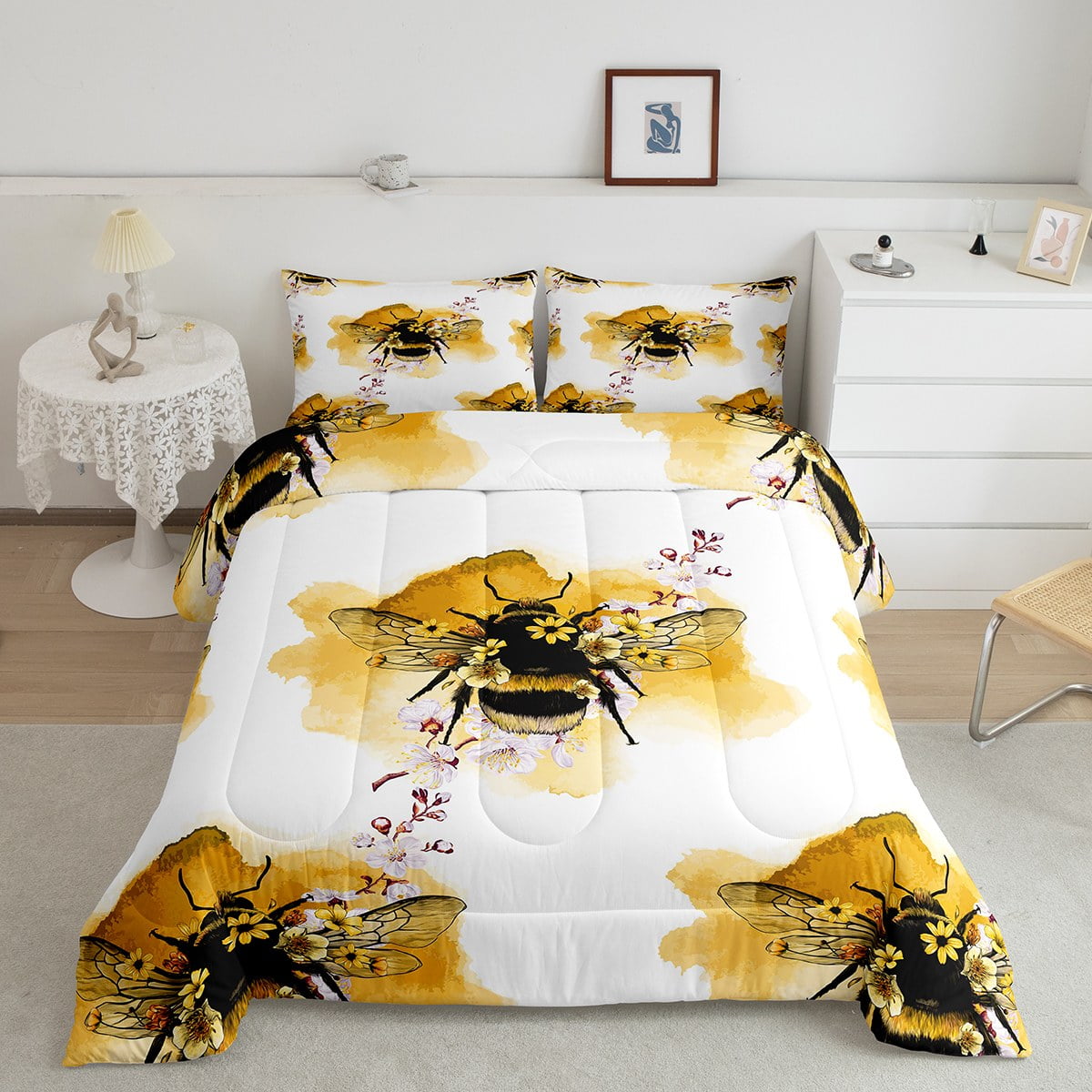 Yellow Bee Bedding King for Boys Girls Honeybee Daisy Floral Comforter ...