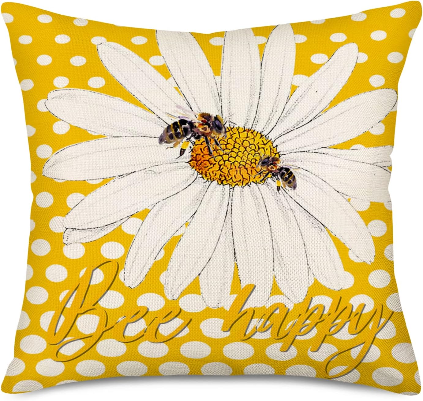 Yellow Bee Happy Daisy Flower Pillow Cover 18x18 Inch White Polka Dot ...