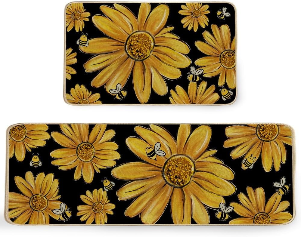 Yellow Bee Summer Kitchen Mats Set of 2, Yellow Sunflowers Seasonal ...