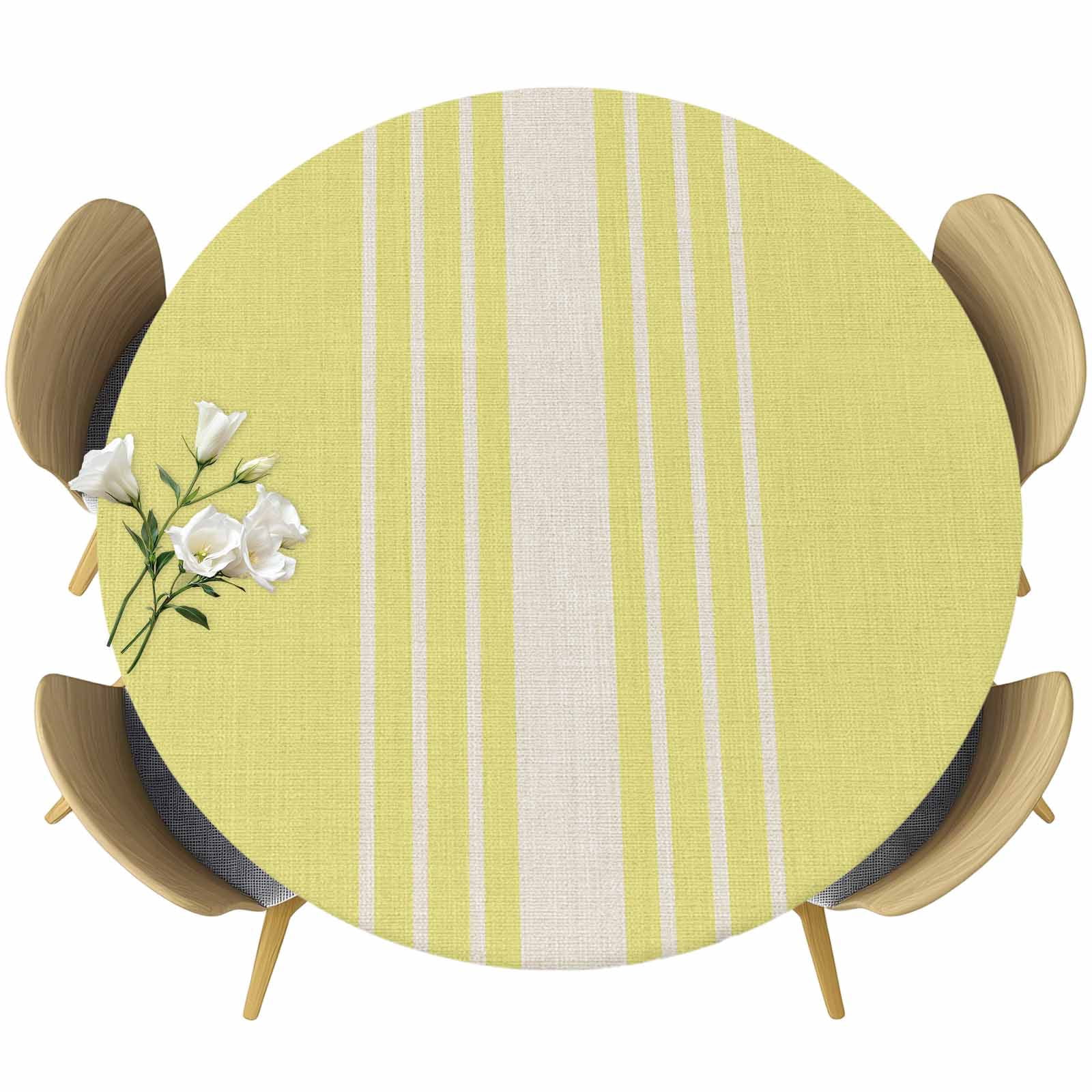 Yellow Beige Striped Round Tablecloth, Fitted Table Cover with Elastic ...