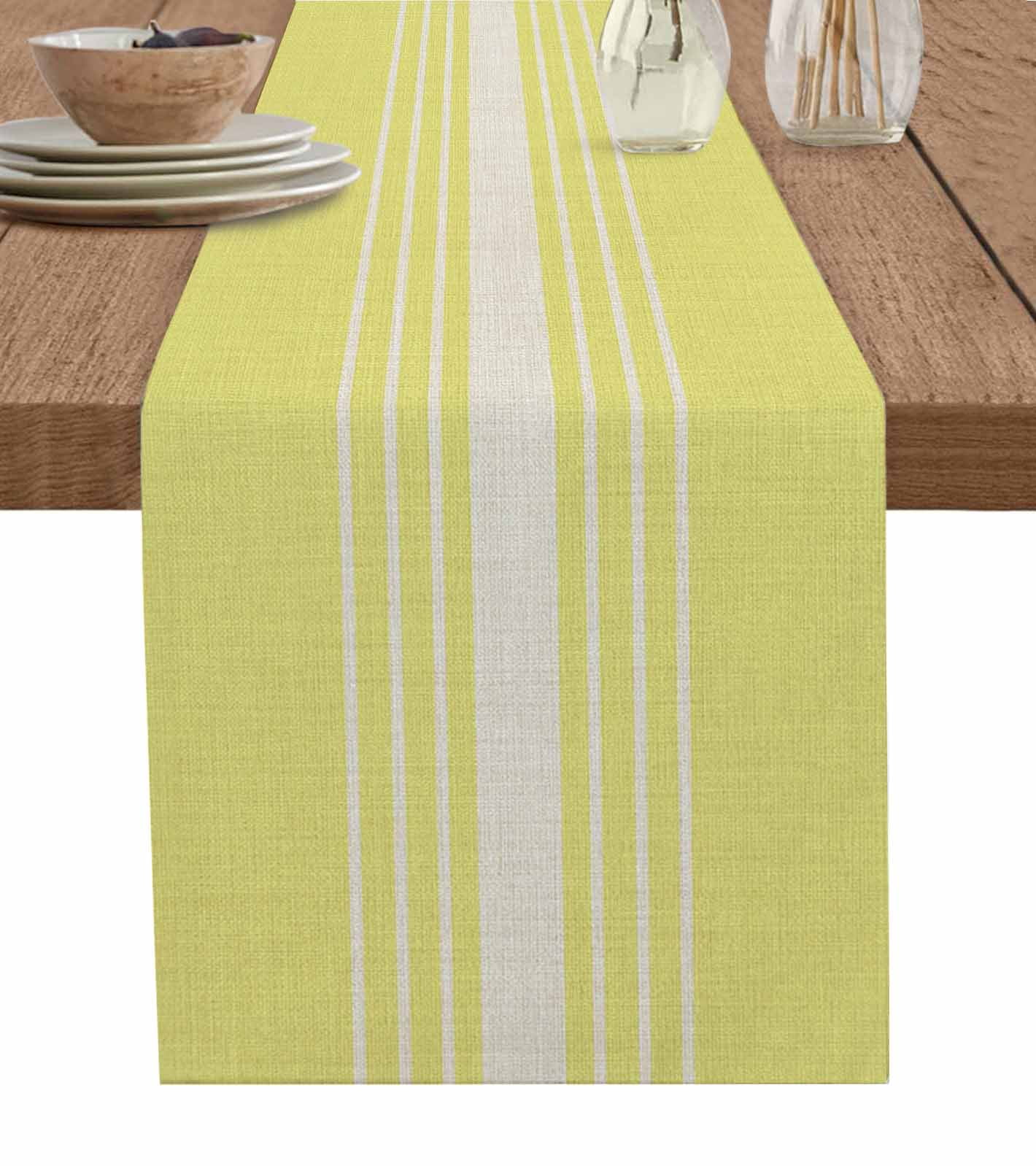 Yellow Beige Striped Short Table Runners 36 Inches, Cotton Linen Fabric ...