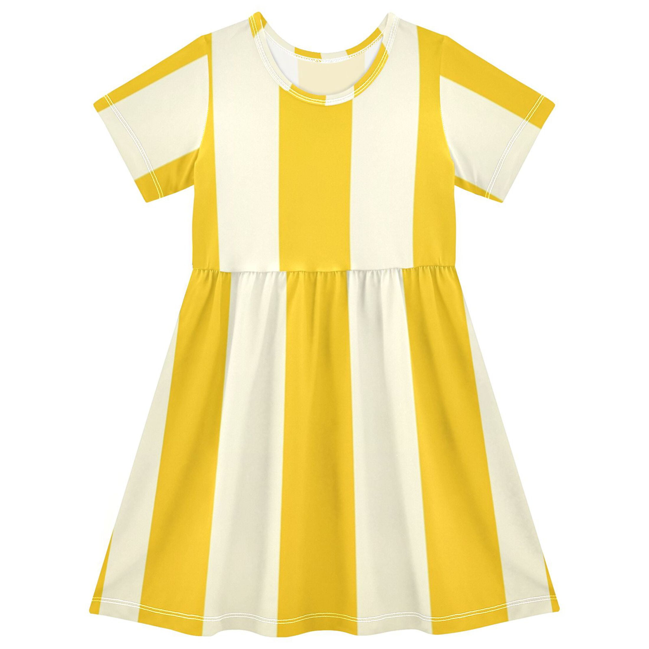 Yellow Beige Vertical Stripes Girls' Short Sleeve Dress A-Line One ...