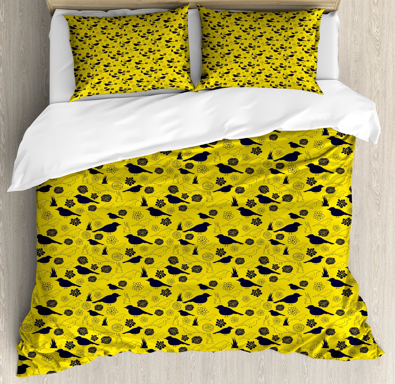 Yellow Bird Duvet Cover Set, Bicolour Design Pattern of Silhouette ...