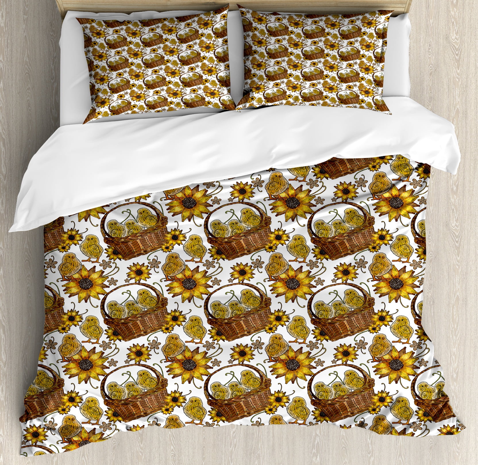 Yellow Bird Duvet Cover Set, Vintage Style Sketch of Little Chickens in ...