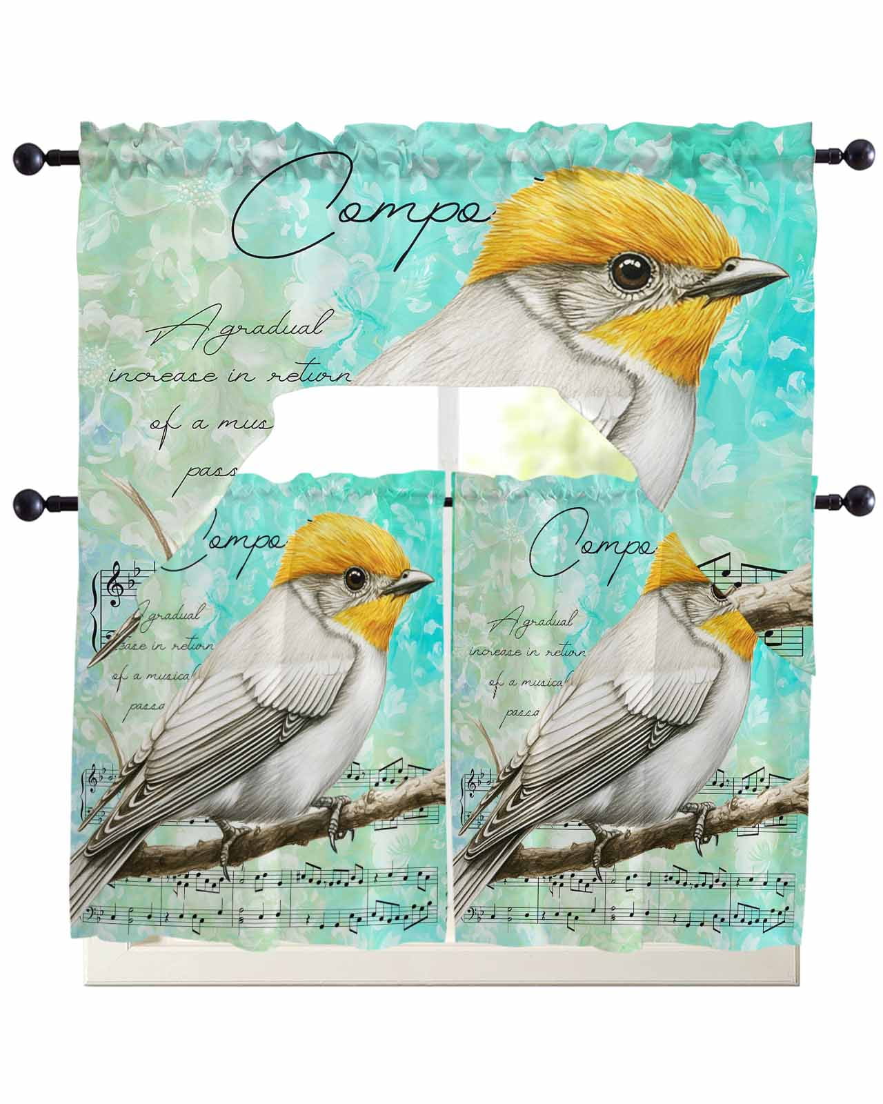 Yellow Bird Kitchen Curtains Swag Valance and Tier Curtains Set 36 Inch ...