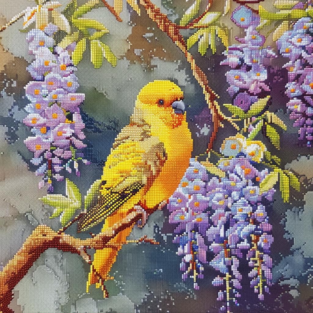 Yellow Bird Sitting on Wisteria Flowers DIY 11CT Stamped Cross Stitch ...