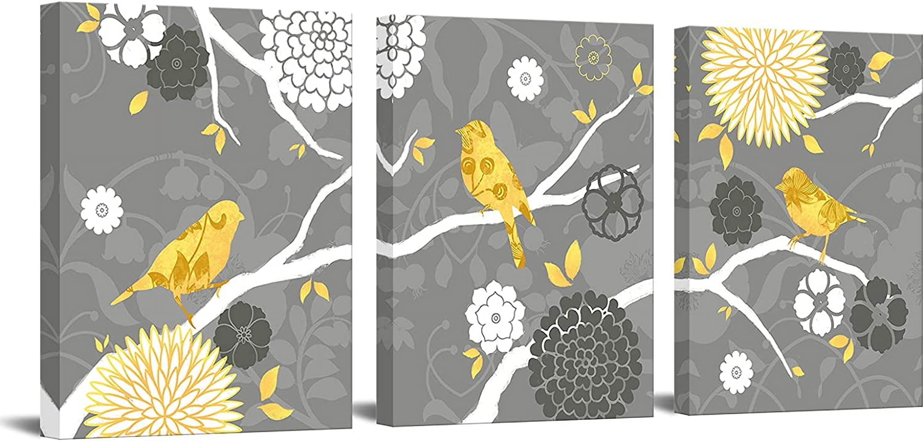Yellow Birds Canvas Art Yellow and Grey Wall Decor Bird Flower Painting ...