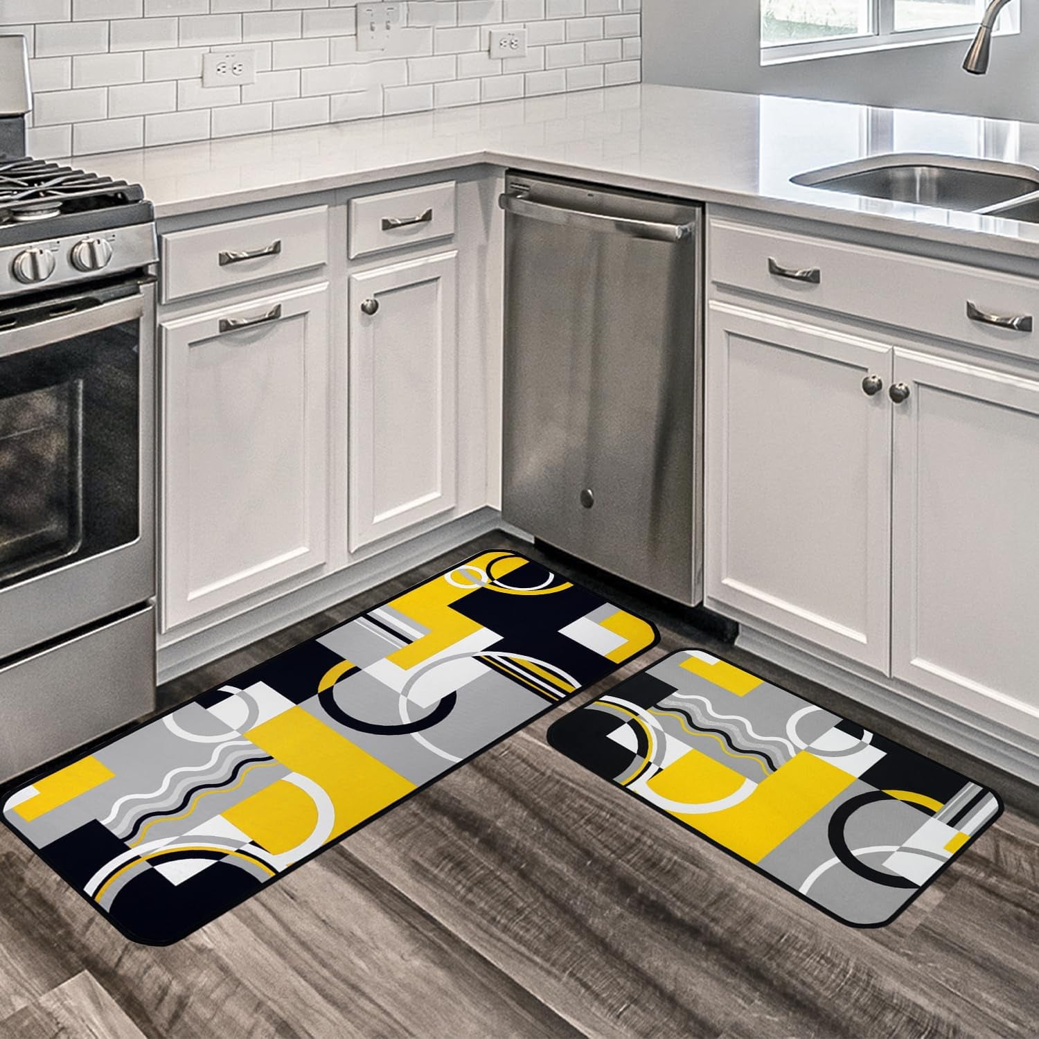 Yellow Black Abstract Kitchen Mats for Floor, Modern Kitchen Rugs Set ...