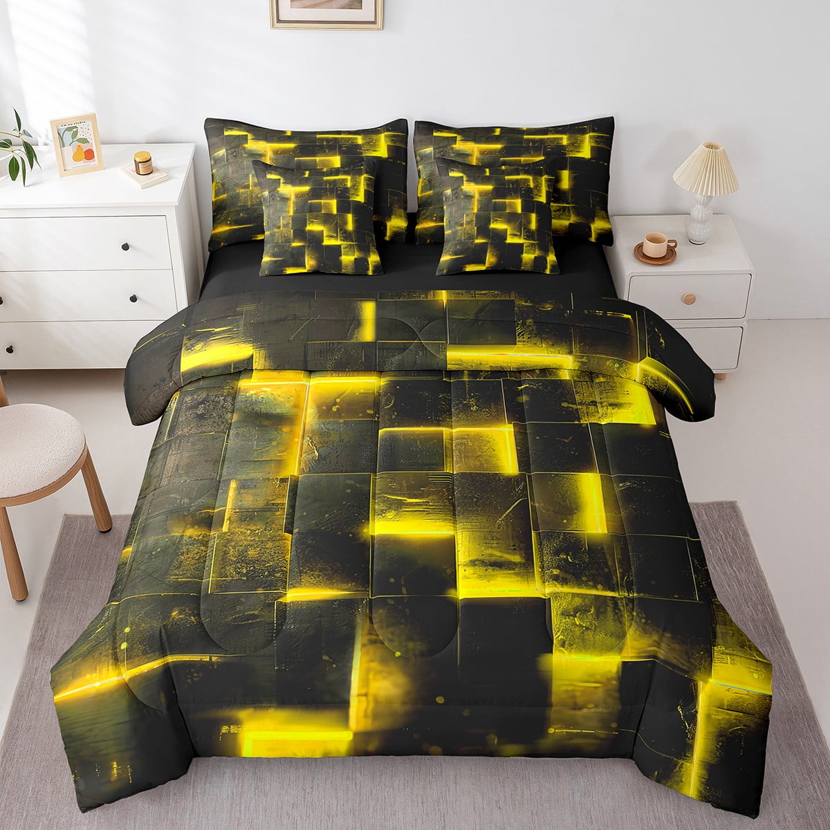 Yellow Black Bedding Comforter Sets 7 Pieces 3D Glowing Buffalo Bed in ...