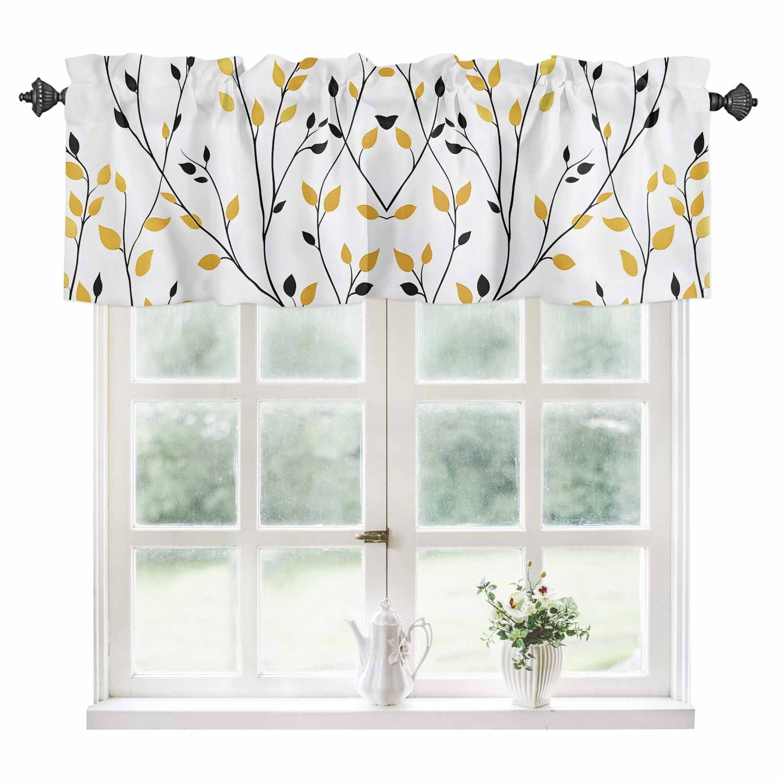 Yellow Black Branches Kitchen Valances for Windows 60x18 Inch Kitchen ...
