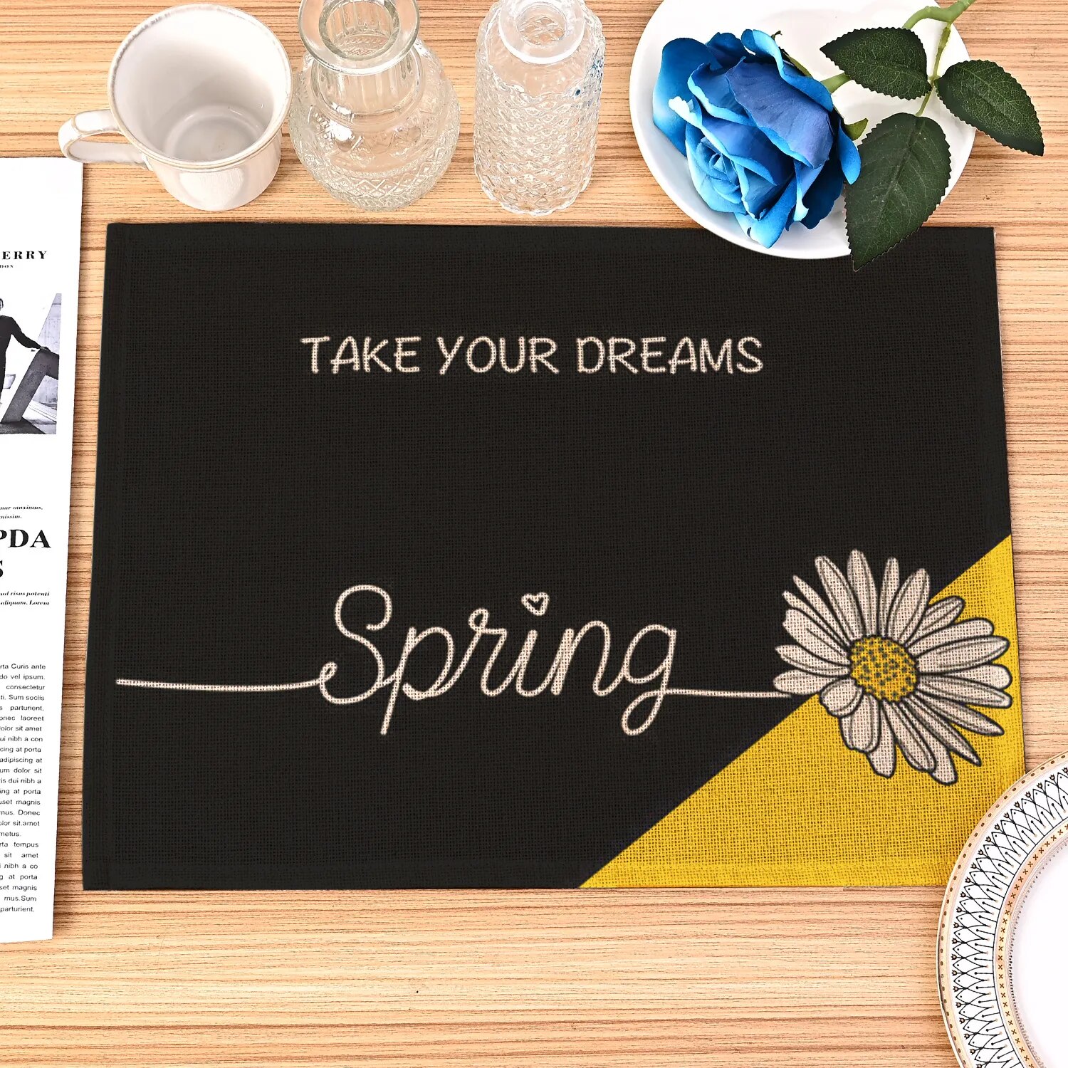 Yellow Black Daisy Pattern Placemat Dining Table Mat Geometric Cotton ...