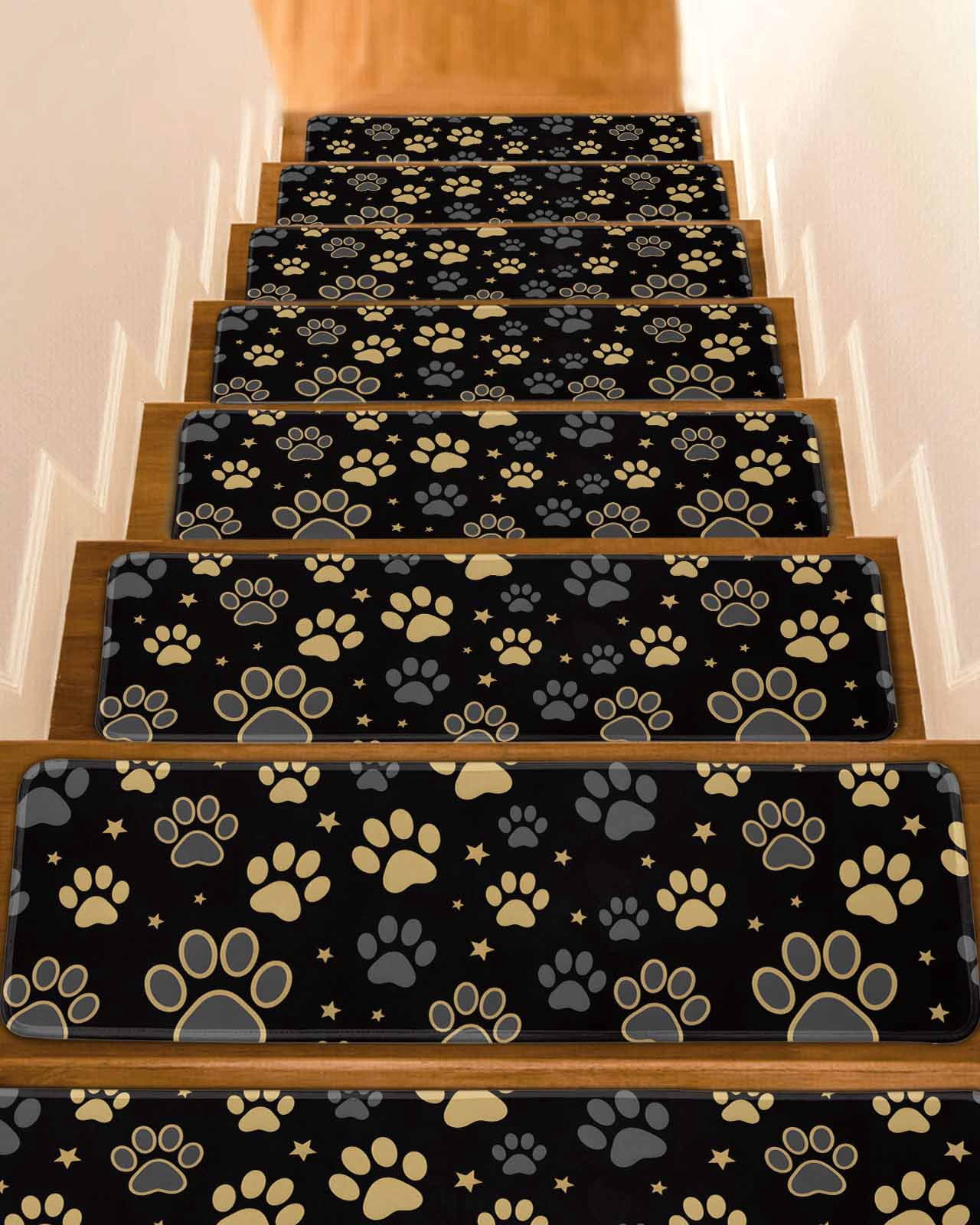 Yellow Black Dog Paws Non-Slip Stair Treads for Wooden Steps, 10 Pack ...