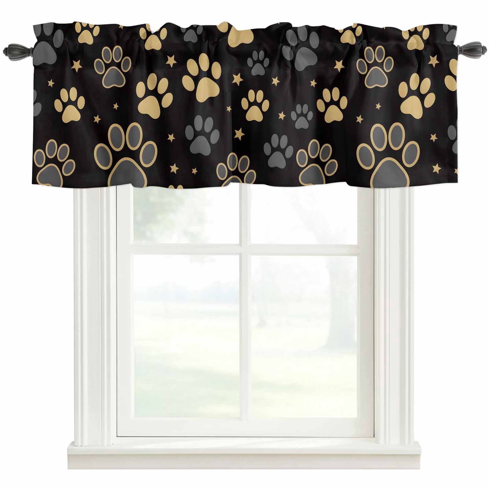 Yellow Black Dog Paws Rod Pocket Curtain Valance, Vintage Pastoral ...