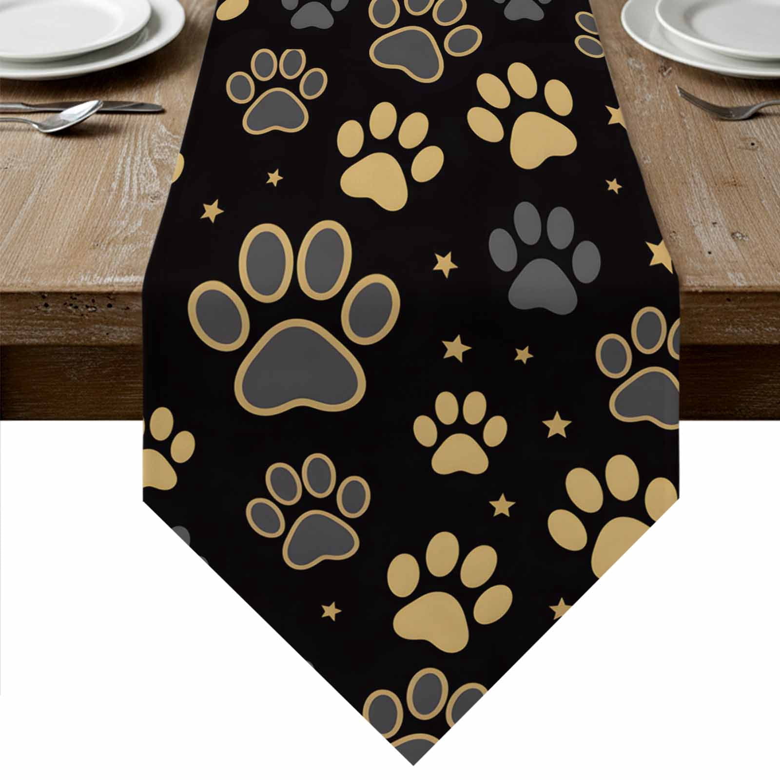 Yellow Black Dog Paws Table Runner Linen Burlap Table Runner 48 Inches ...