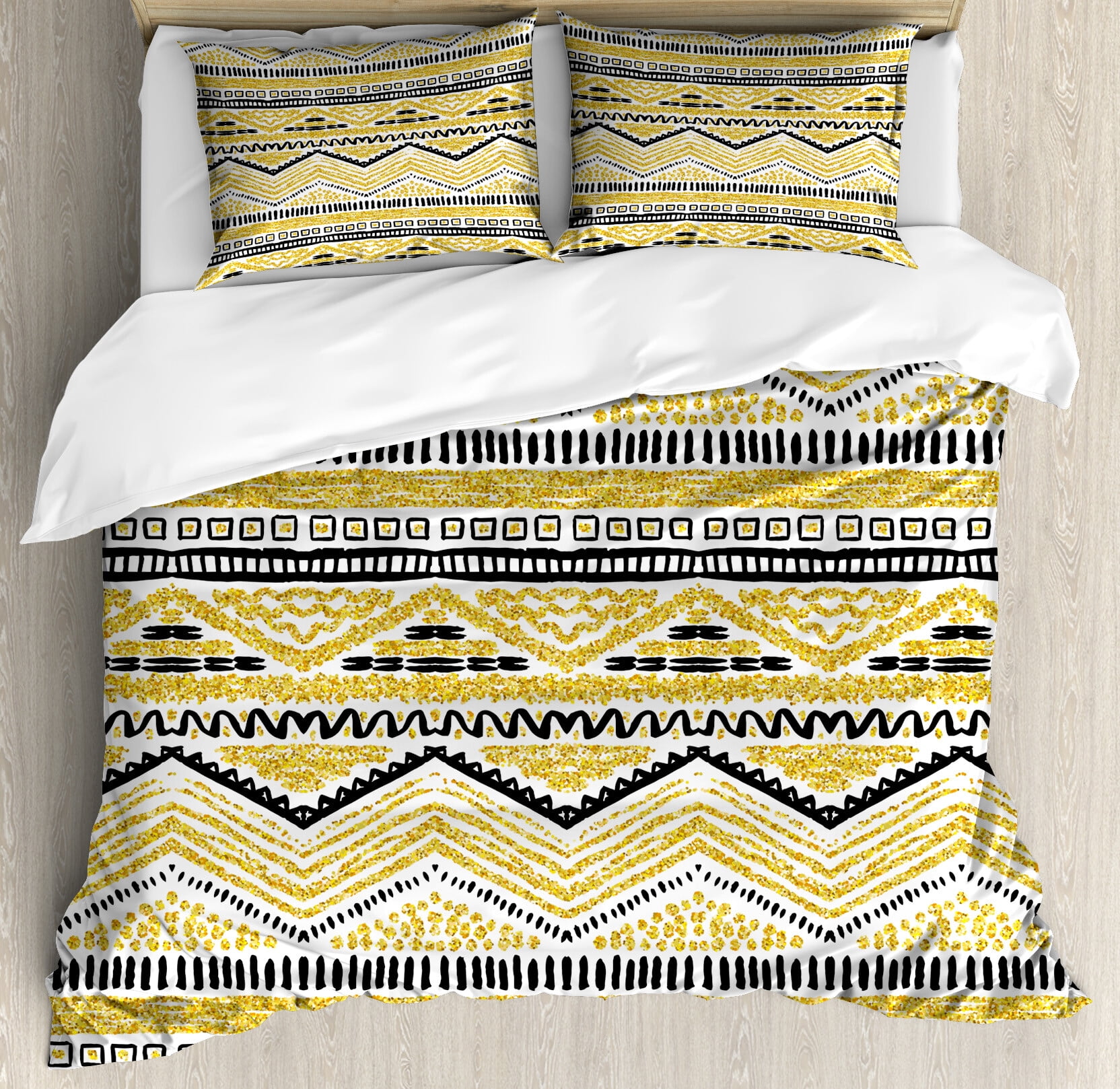 Yellow and Black Duvet Cover Set, Prehistoric Design with Zig Zag Lines Stripes Chevron ...