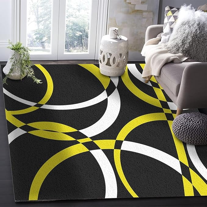 Yellow Black Geometric Area Rugs, Modern White Geometry Abstract Soft ...