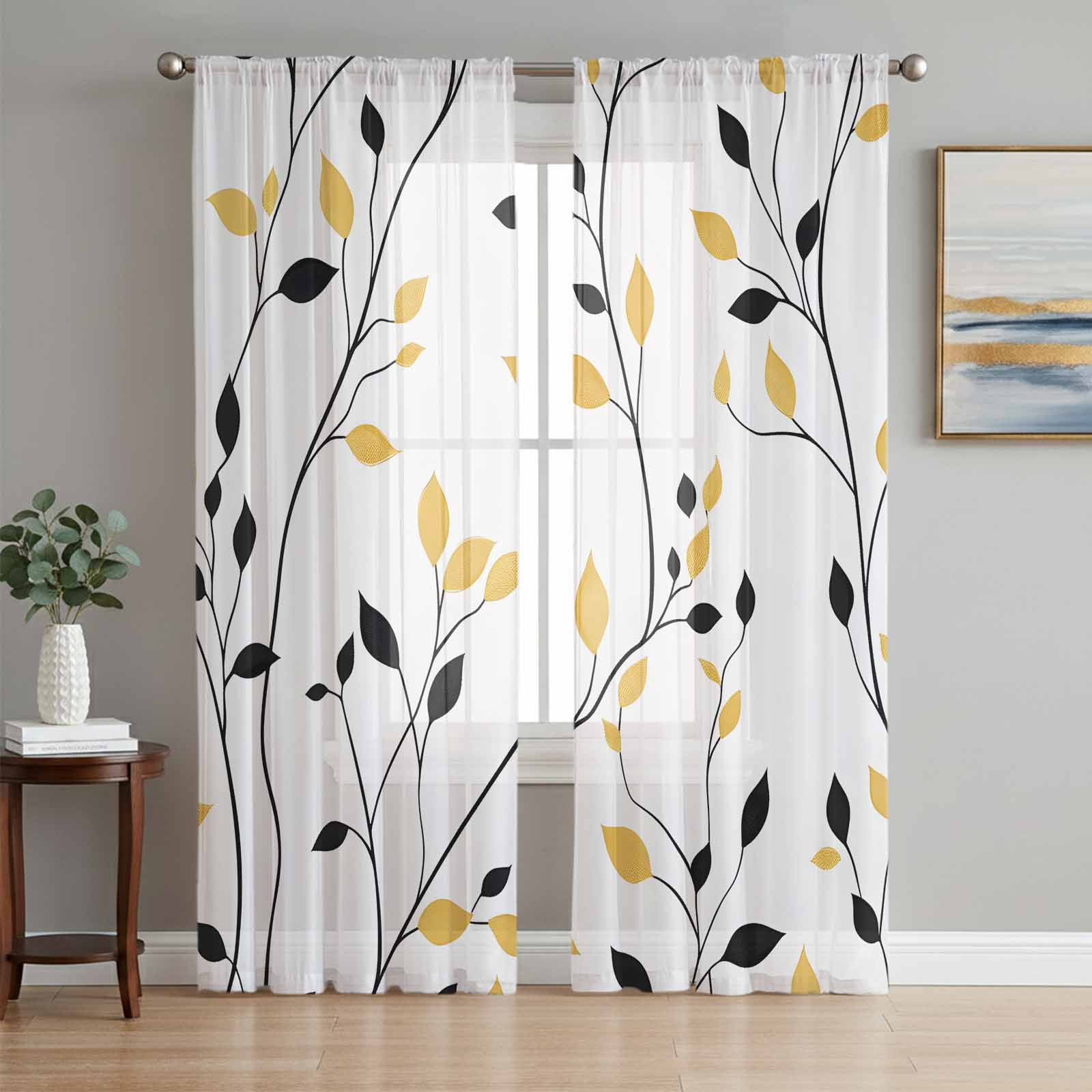 Yellow Black Leaves Sheer Curtains 72 Inch Length 2 Panels Set, Spring ...
