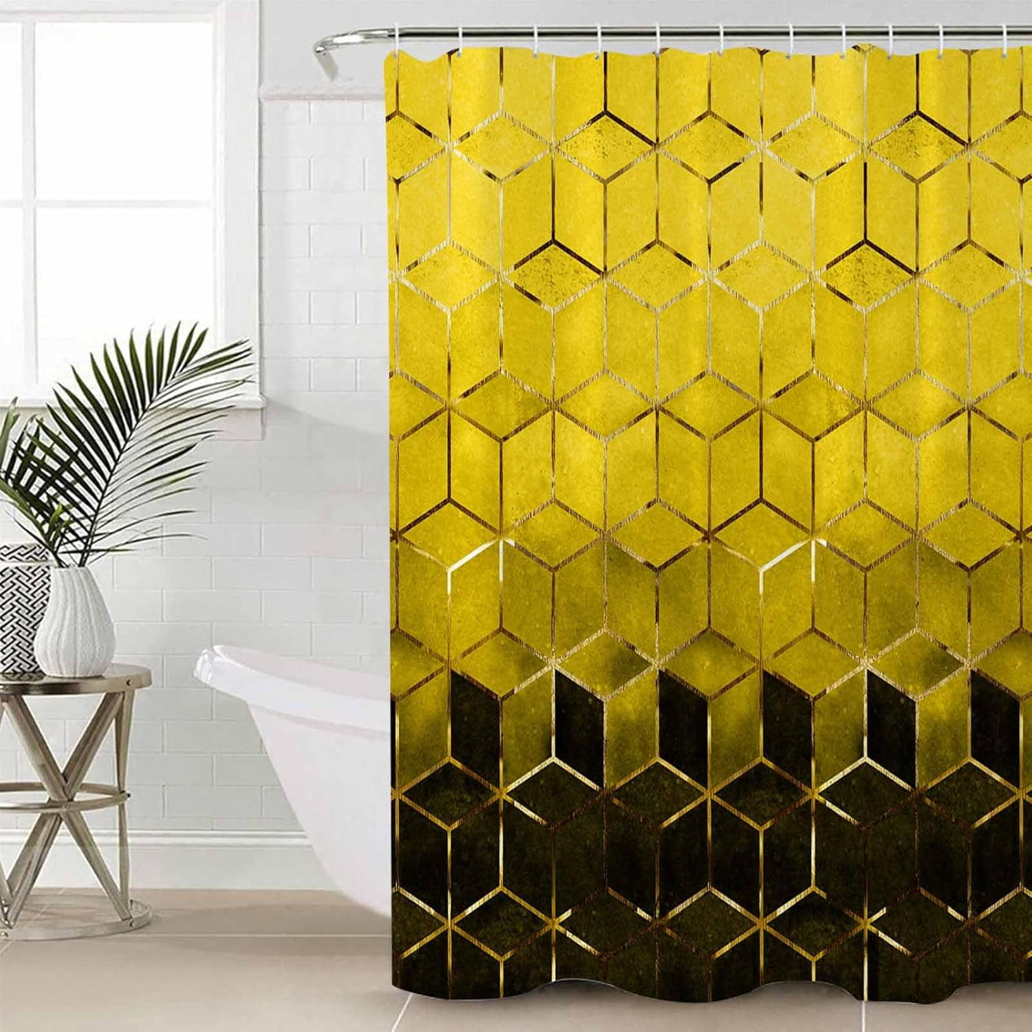Yellow Black Shower Curtain Set Washable Bathtub Curtain with Hooks,Golden Cubic Lines Bathroom ...