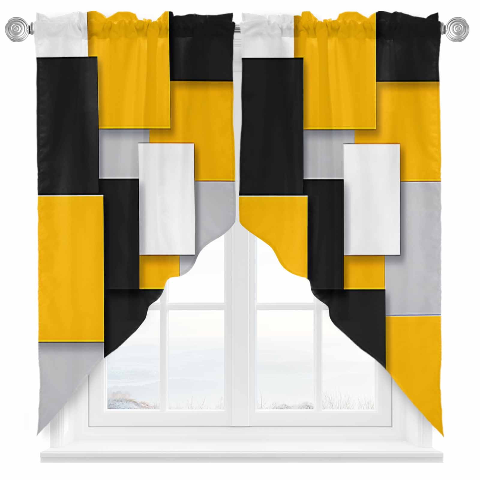 Yellow Black Swag Curtain Valance for Windows, Gray Geometric Abstract ...