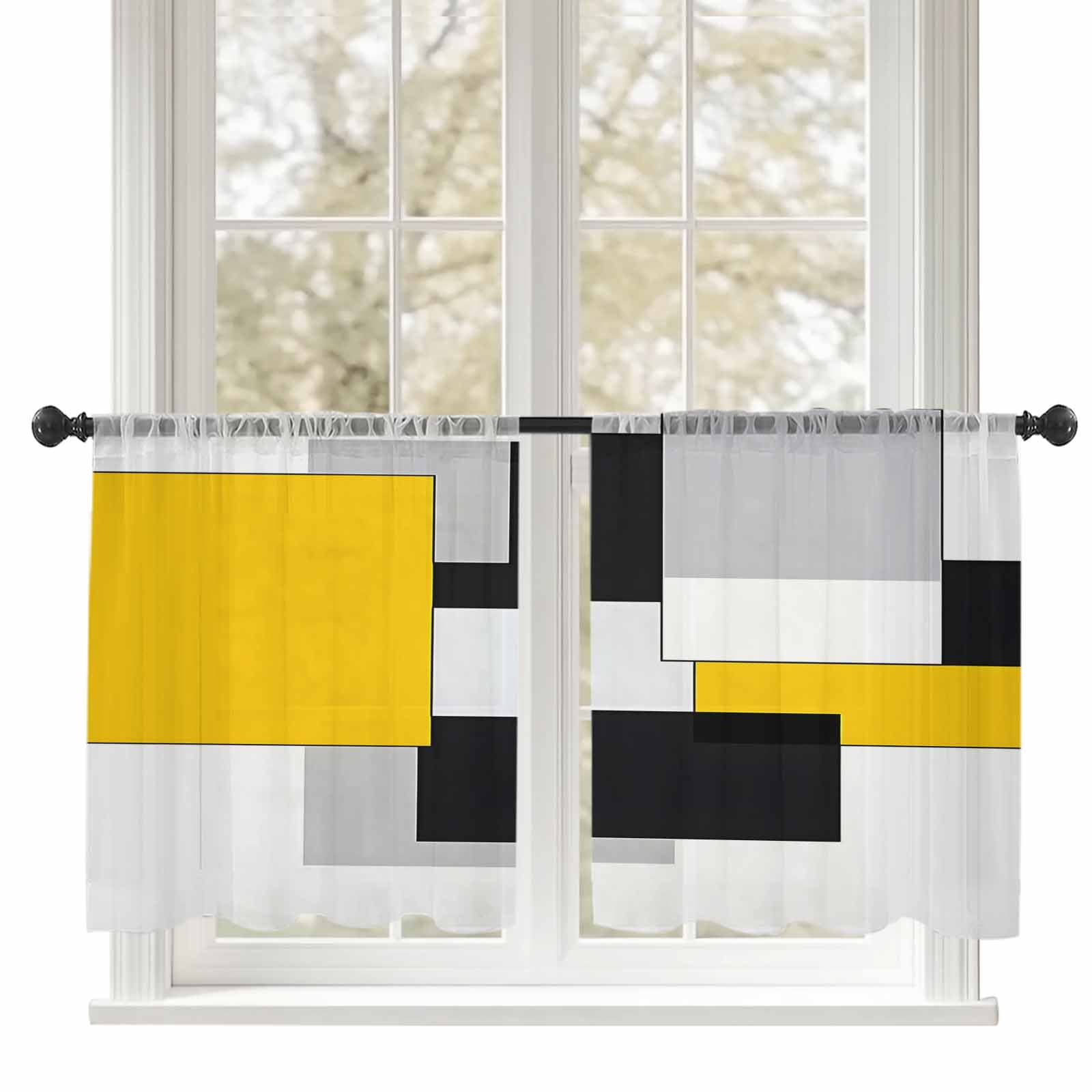 Yellow Black White Geometric Sheer Curtains 45 inches Long 2 Panels Set ...