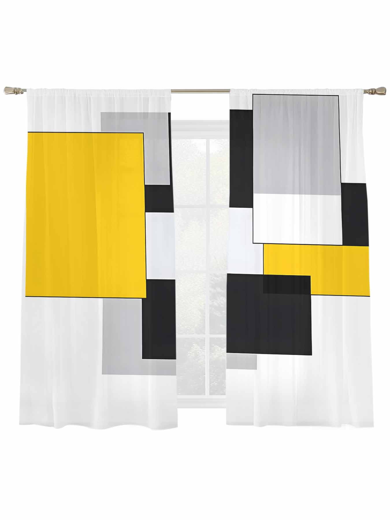 Yellow Black White Geometric Sheer Curtains 63 Inch Long 2 Panels ...