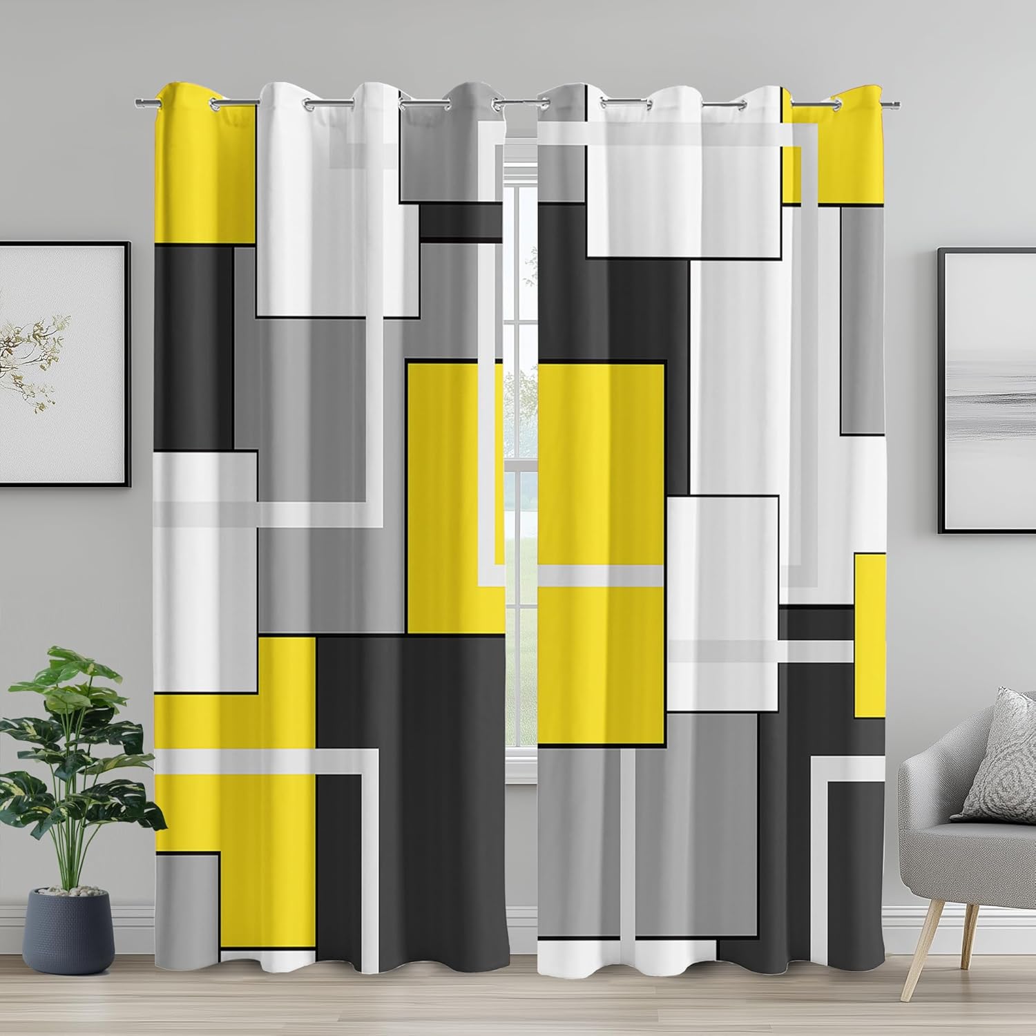 Yellow Blackout Curtains for Bedroom Yellow Grey White Modern Abstract ...