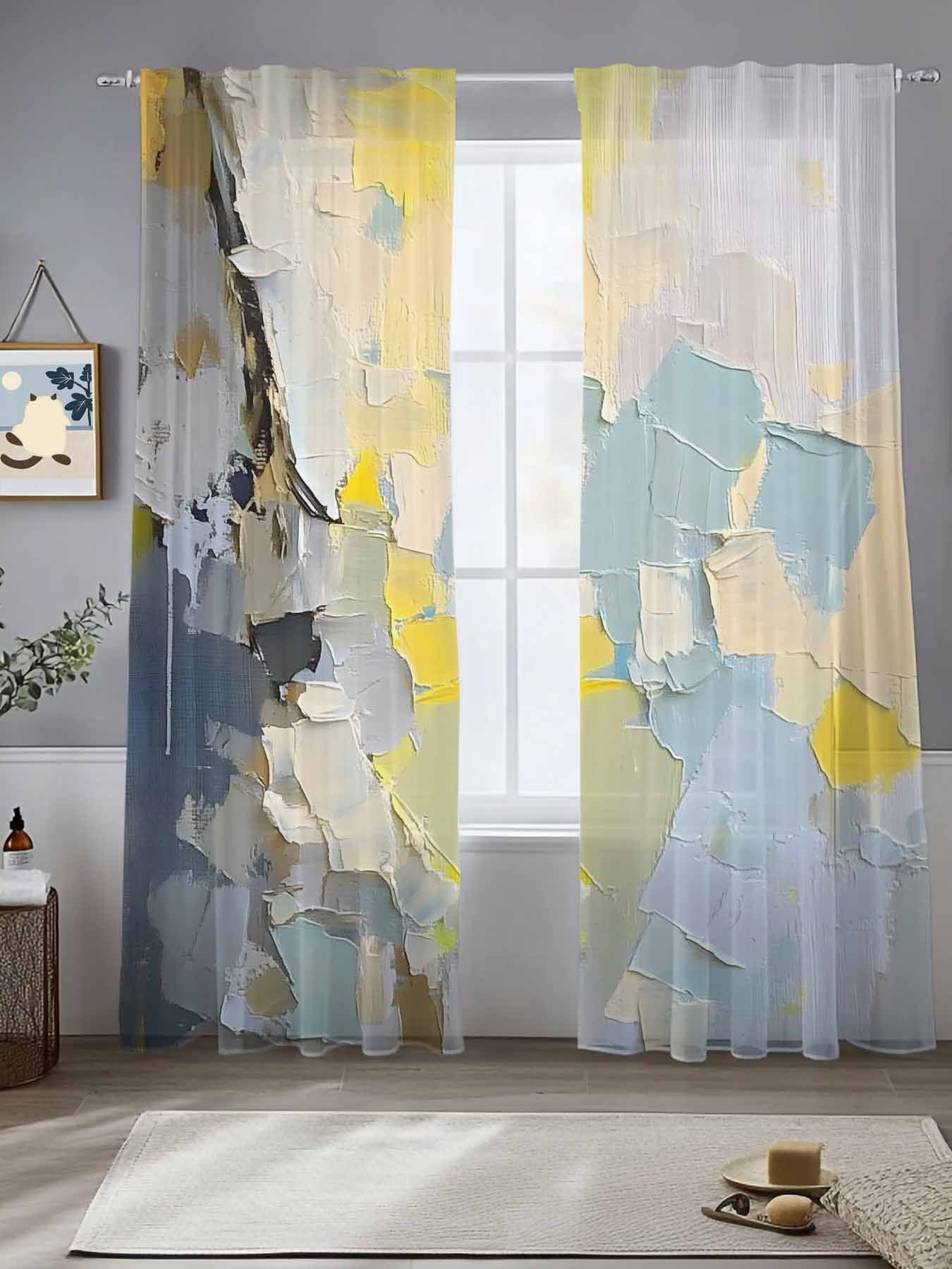 Yellow Blue Color Blocks Sheer Curtains for Living Room Bedroom ...