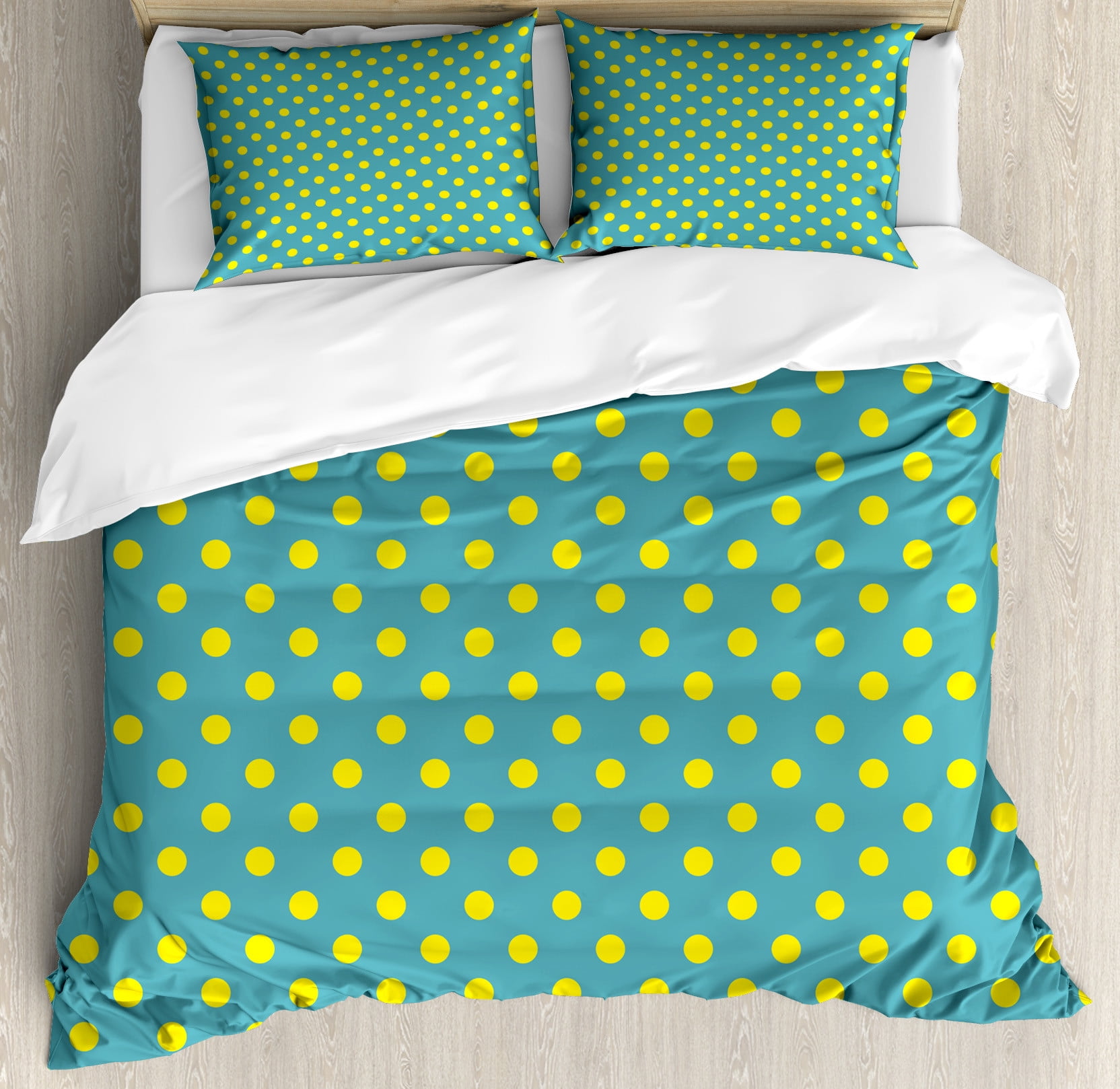 Yellow and Blue Duvet Cover Set, Big Vintage Polka Dots Pattern ...