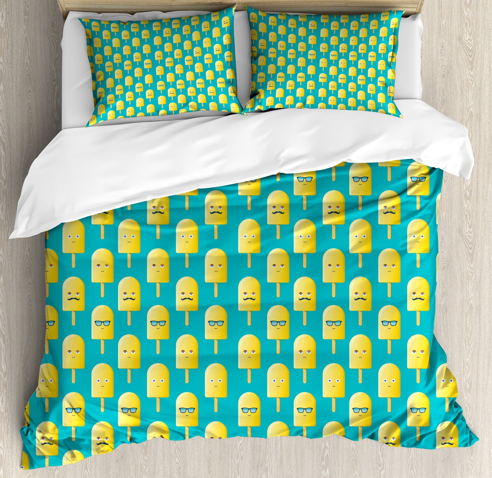 Yellow and Blue Duvet Cover Set, Lemon Flavor Ice Cream with Face ...